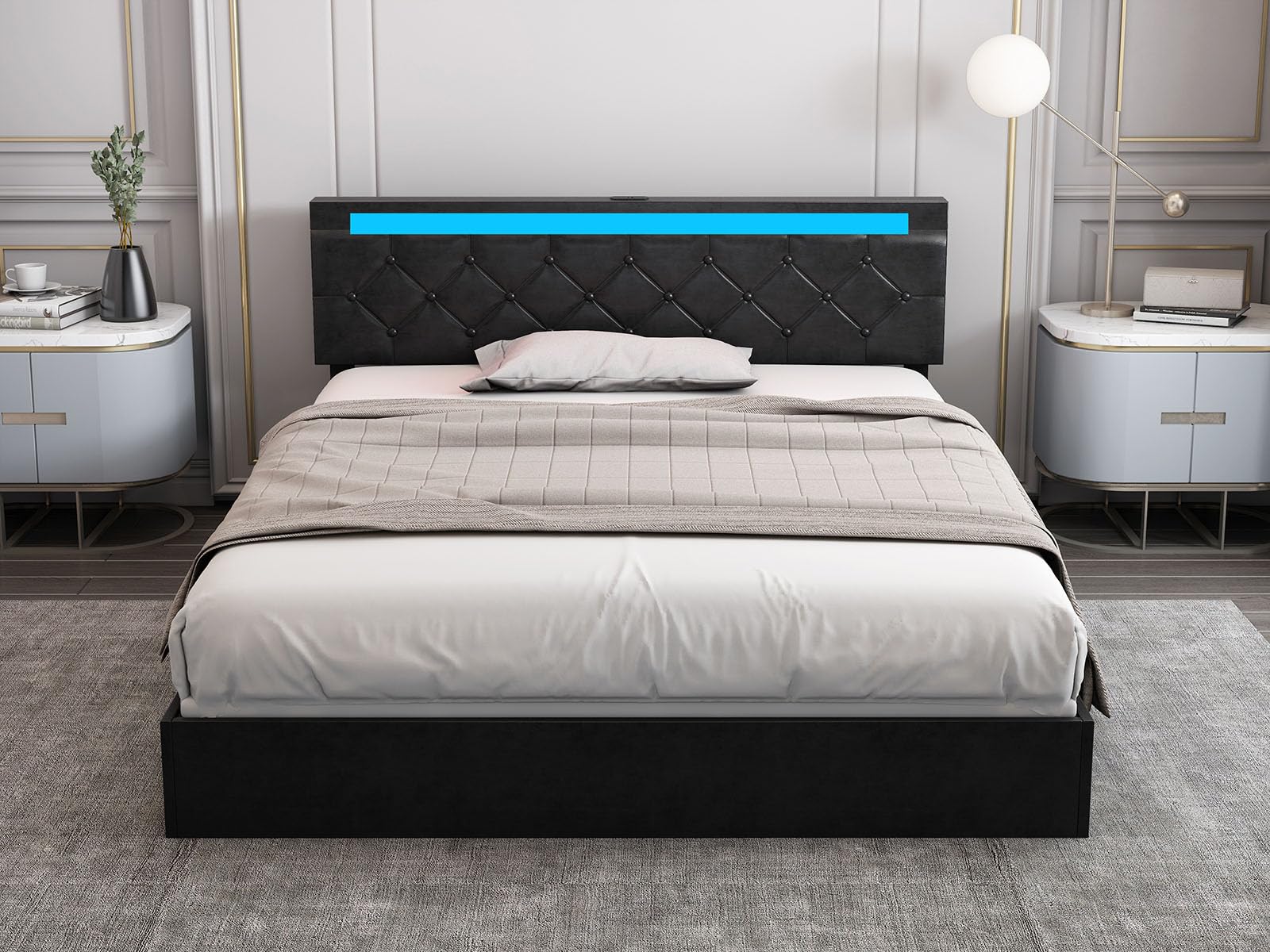 SAVOLIFE Queen Size Lift Up Storage Bed Frame with Led Light Headboard, PU Upholstered Queen Platform Bed Frame with Charging Station, Black
