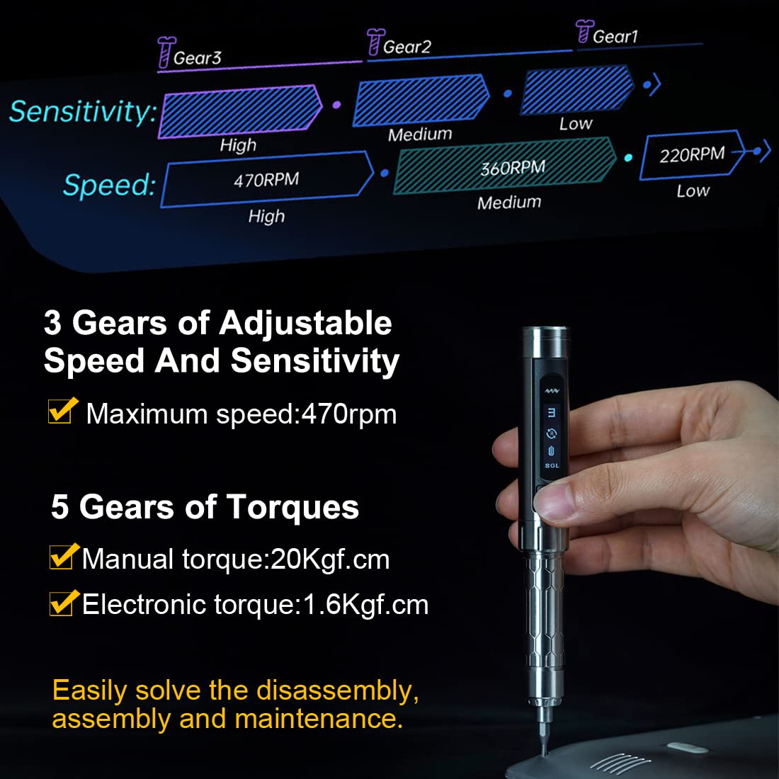 YKEY Original MINIWARE ES15S Mini Electric Power Screwdriver Rechargeable Portable Small Cordless Smart Motion Control with 24 Magnetic Bits OLED Screen Repair Tool for Phone Camera Laptop