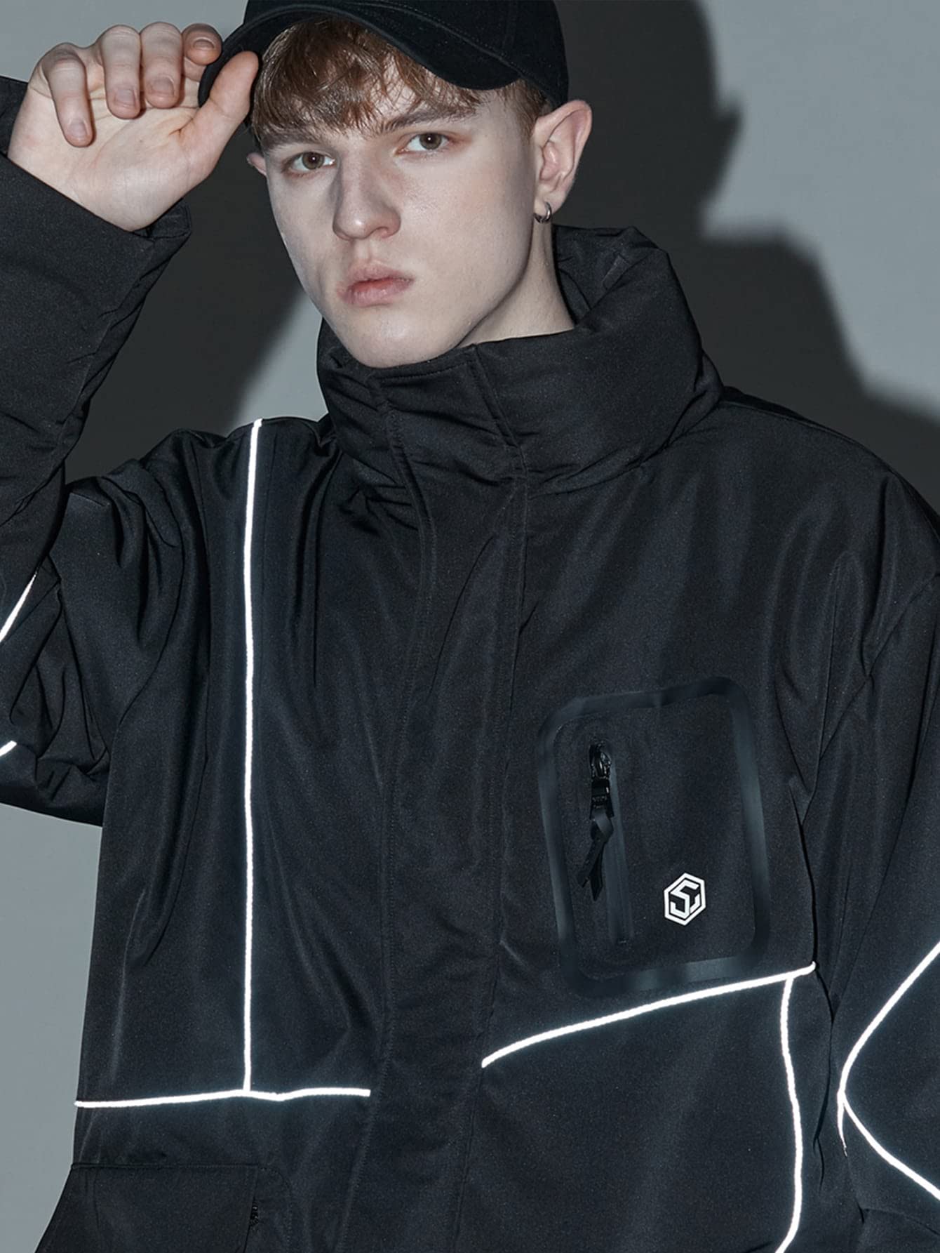 OSHHO Jackets for women - Men Reflective Letter Graphic Contrast Piping Winter Coat (Color : Black, Size : Small)