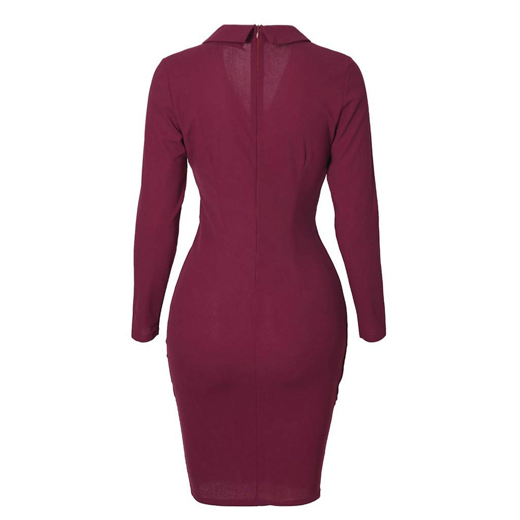 Keepfit Business Dress for Women Turn Down Neck Long Sleeve Ruched Bottons 2 Piece Slim Wrap Work Dress Wine