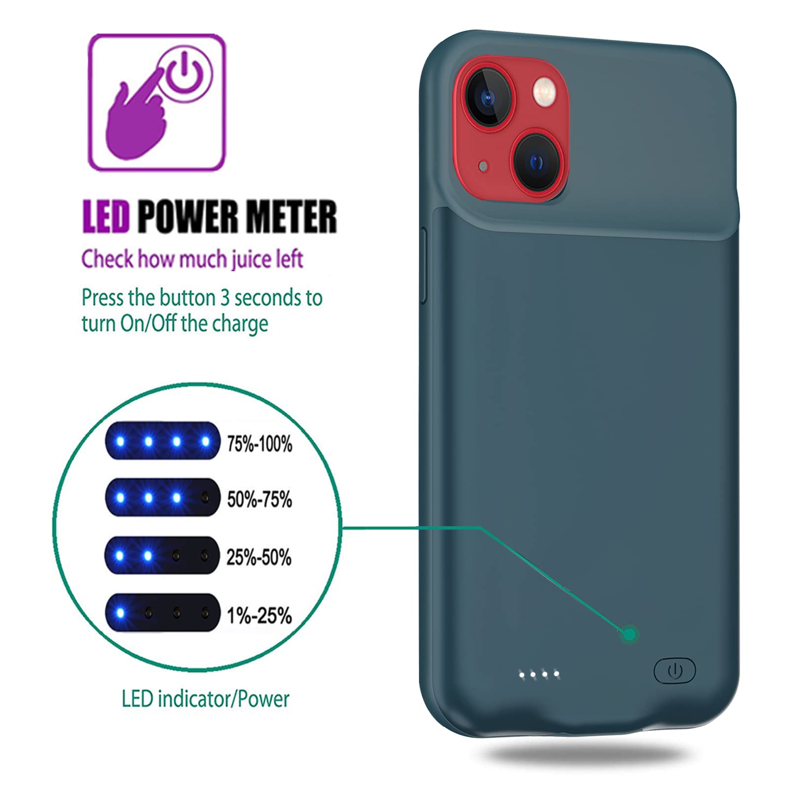 JBUBN Battery Case for iPhone 13s, 7230mAh Slim Portable Rechargeable Battery Pack Charging Case Compatible with iPhone 13 (6.1 inch) Extended Battery Charger Case (Navy Blue)
