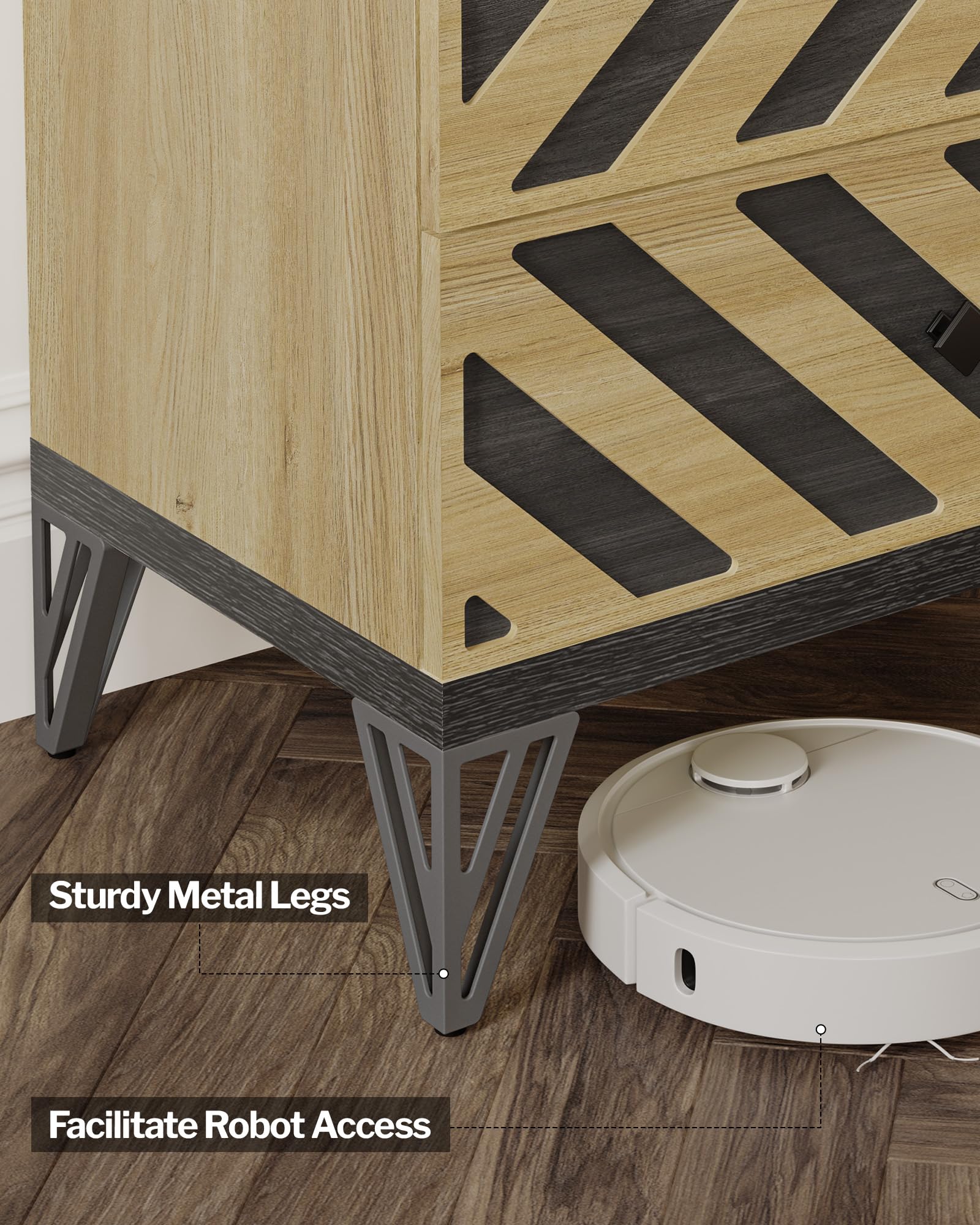 SICOTAS Large Night Stand Set of 2 - Modern Bedside Table Wide Nightstands with 2 Herringbone Decor Drawers, Sturdy Metal Legs, Wood Accent End Table for Bedroom