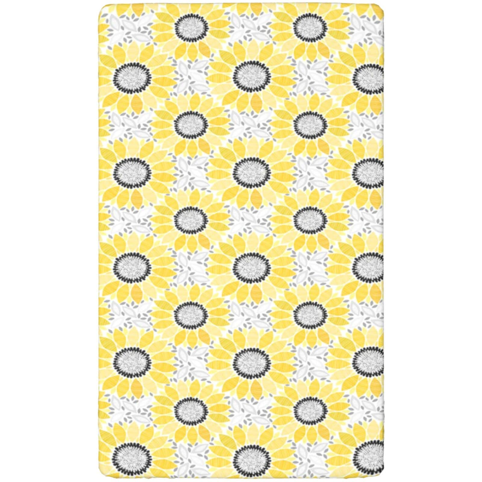 Sunflower Themed Fitted Mini Crib Sheets,Portable Mini Crib Sheets Soft Toddler Mattress Sheet Fitted-Baby Crib Sheets for Girl or Boy,24β x38β,Yellow Black Grey