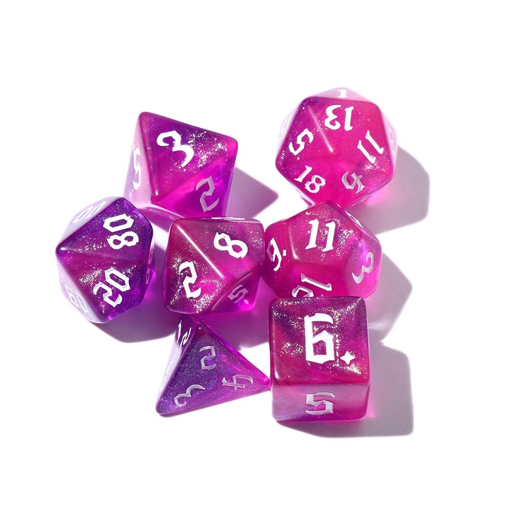Polyhedral Dice Set,7-Die Two-Tone Dice D4 D6 D8 D10 D% D12 D20 Vintage Gothic Digit Role Playing Dice for Dungeons and Dragons(Rose + Purple)
