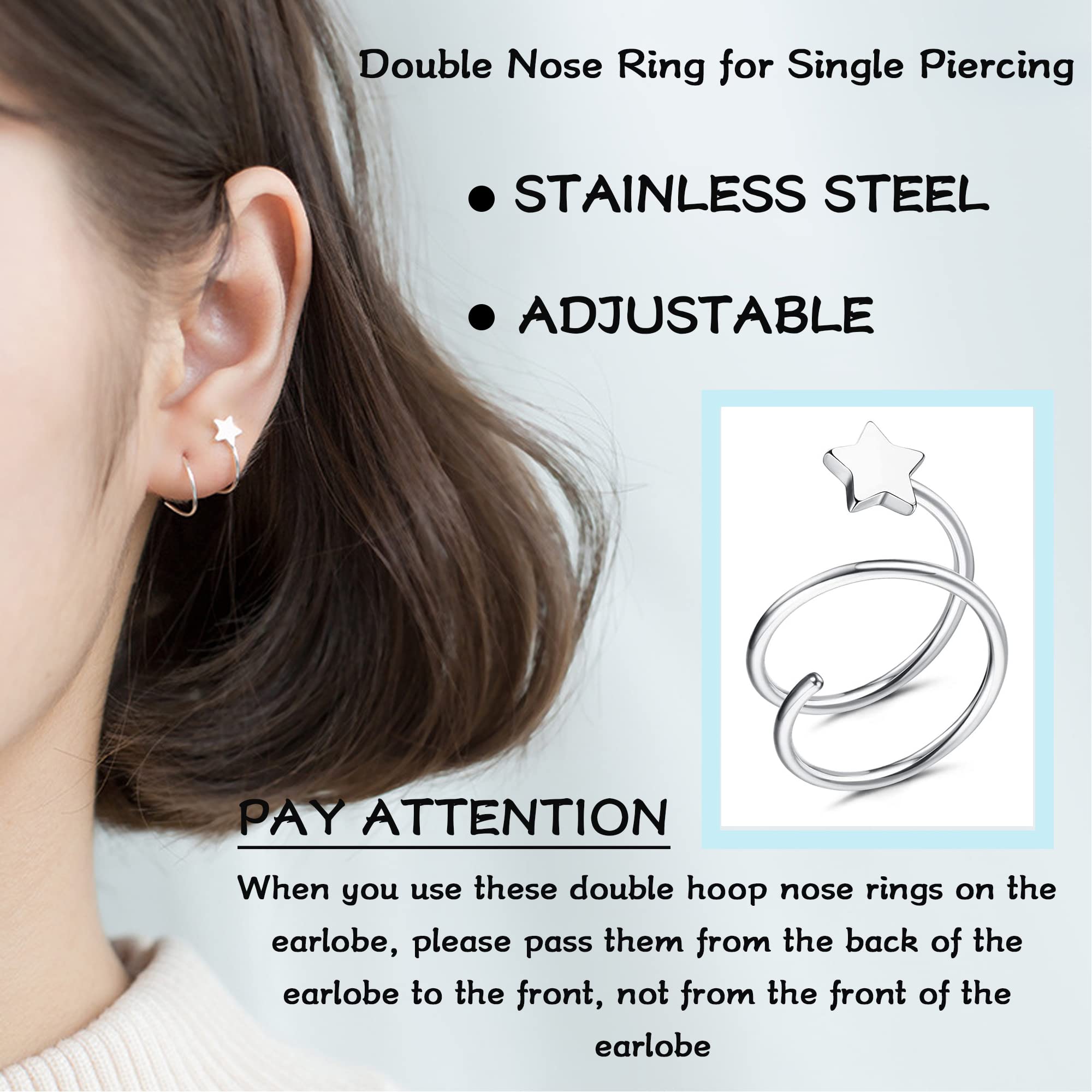 MJust 20G Double Nose Rings Hoops for Single Piercing Double Hoop Nose Ring for Women Silver