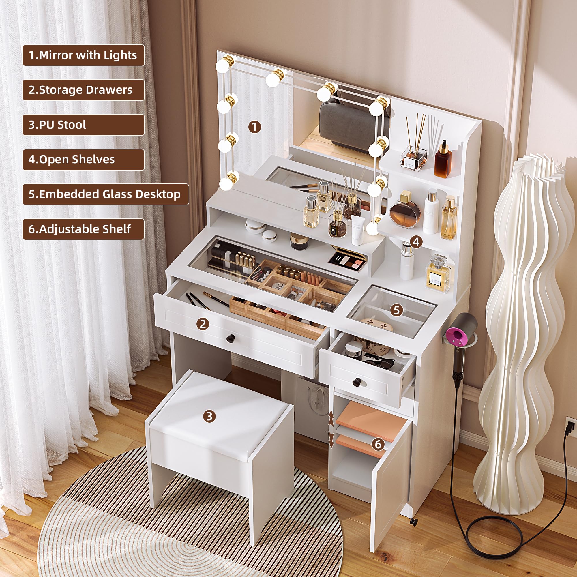 Spurgehom Makeup Vanity Desk with Mirror and Lights White Vanity Set with Drawers and Stool 37" Glass Top Dressing Table Shelves and Storage Cabinet 3 Lighting Modes Brightness Adjustable for Bedroom