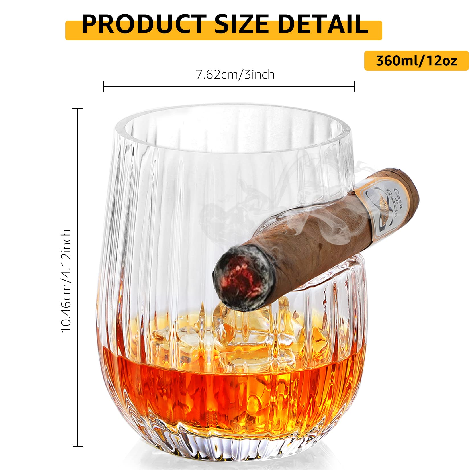 MortyGrove Cigar Whiskey Glasses with Cigar Holder-Set of 2,Old Fashioned Whiskey Glass With Indented Cigar Rest Crystal Whiskey Glasses Gift, Gifts for Men(12oz)