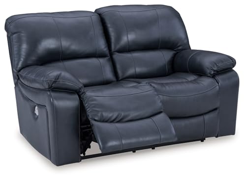 Signature Design by Ashley Leesworth Modern Leather Match Power Reclining Loveseat with USB Charging Ports, Blue