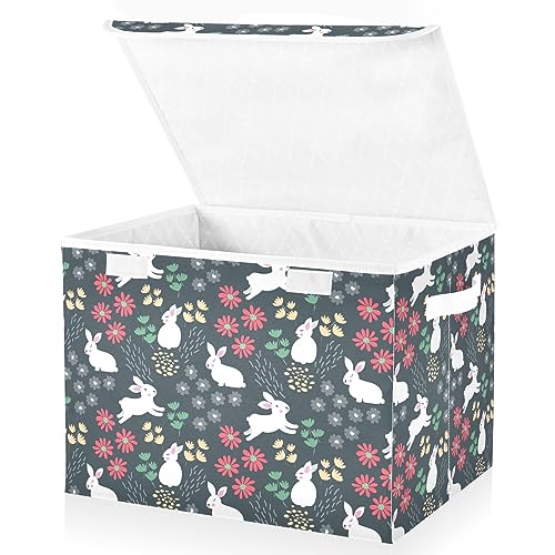 Krafig Foldable Storage Box Large Cube Organizer Bins Easter Retro Rabbit Containers Baskets with Lids Handles for Closet Organization, Shelves, Clothes, Toys