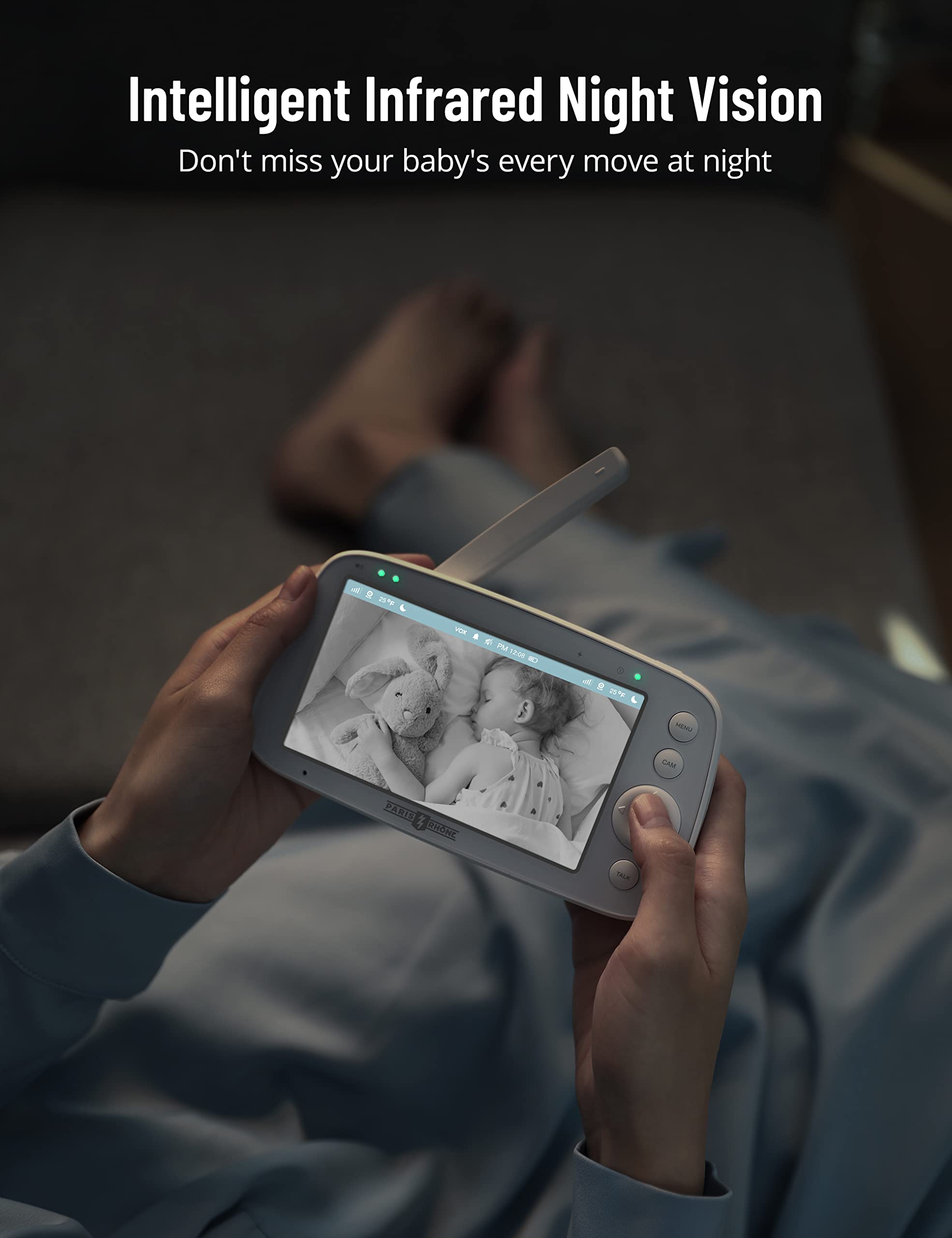 PARIS RHÔNE Video Baby Monitor, 5" 720P HD Baby Monitor with Camera and Audio, No WiFi, 2 Way Audio, VOX Mode, Infrared Night Vision, Feeding Reminder, Wide-Angle View Temperature Sensor Lullabies