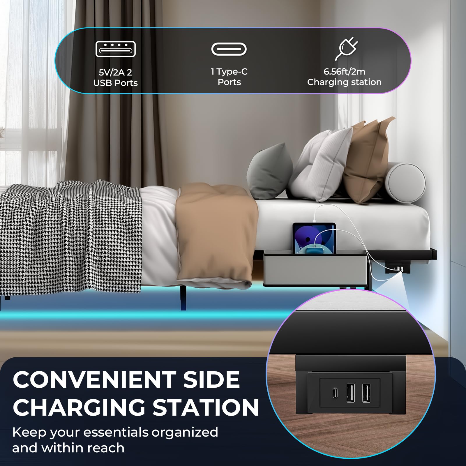 Tatub Queen Floating Bed Frame with Bedside Caddy, LED Floating Bed Frame with Charing Station & 4 Mattress Slide Stopper, Heavy Duty Metal Platform Bed, No Box Spring Needed, Easy to Assemble