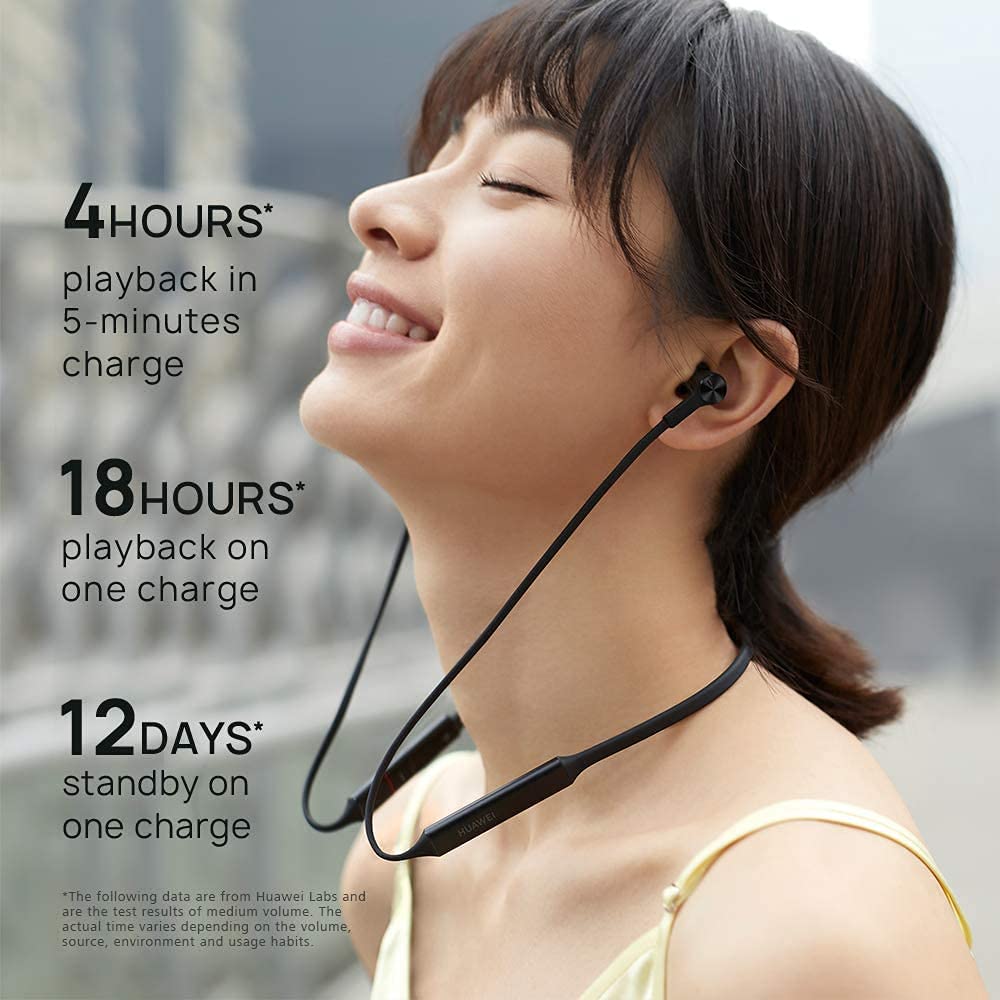 HUAWEI Wireless Earphones, FreeLace Sport Earphone Bluetooth Wireless Headset Memory Cable Metal Cavity IPX5 Fast Charging,Sold by Rolling Tek(Black)