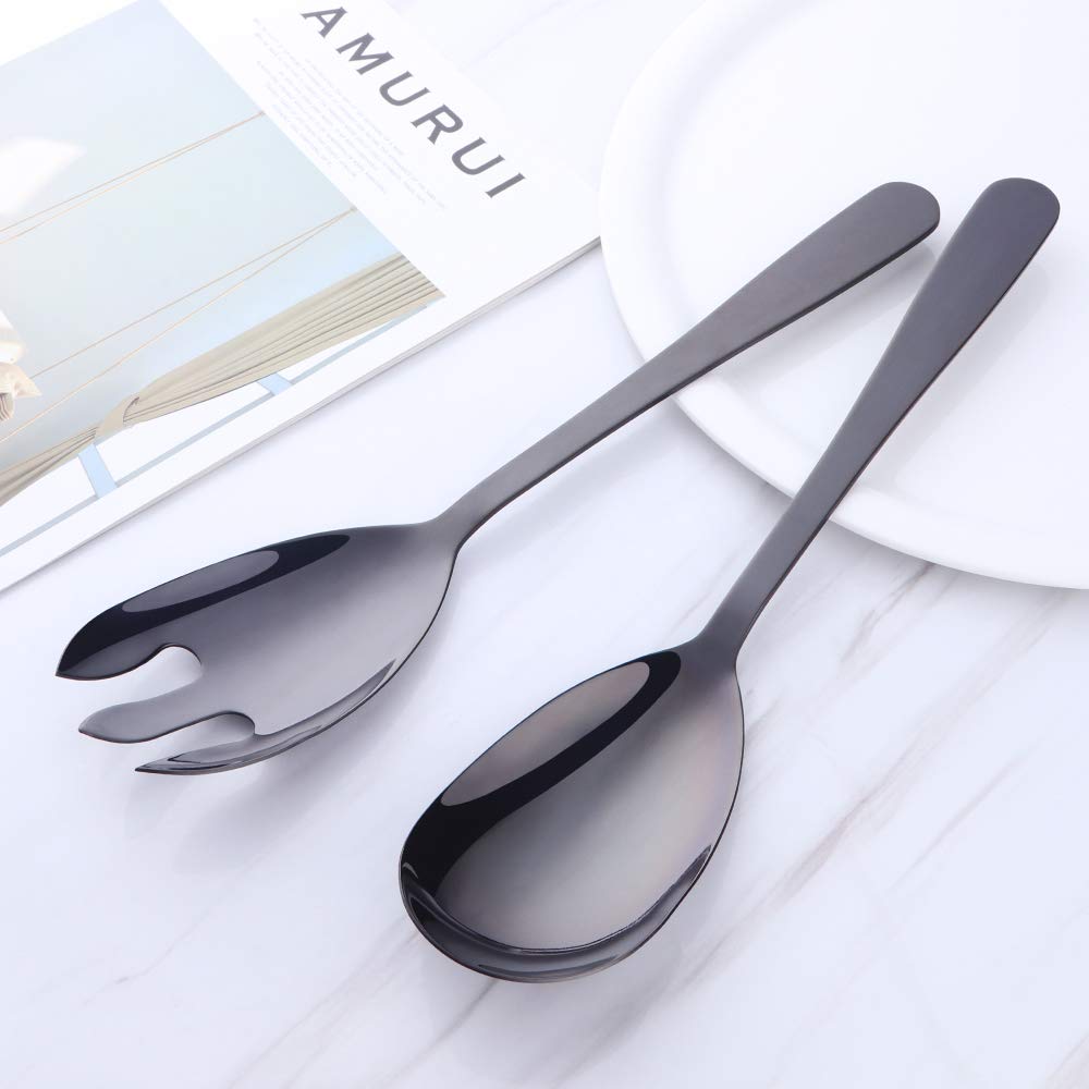 Mingcheng 12 Inches Stainless Steel Salad Server Sets with Salad Spoon and Fork, Cooking Utensils for Kitchen, Simple and Classic Dishwasher Safe(Black)