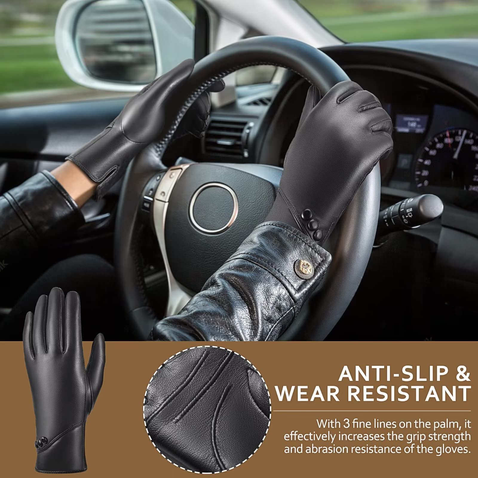 MAGILINK Genuine Sheepskin Leather Gloves for Women, Winter Warm Touchscreen Gloves Thinsulate Lined, Driving Motorcycle Gloves(Black-L)