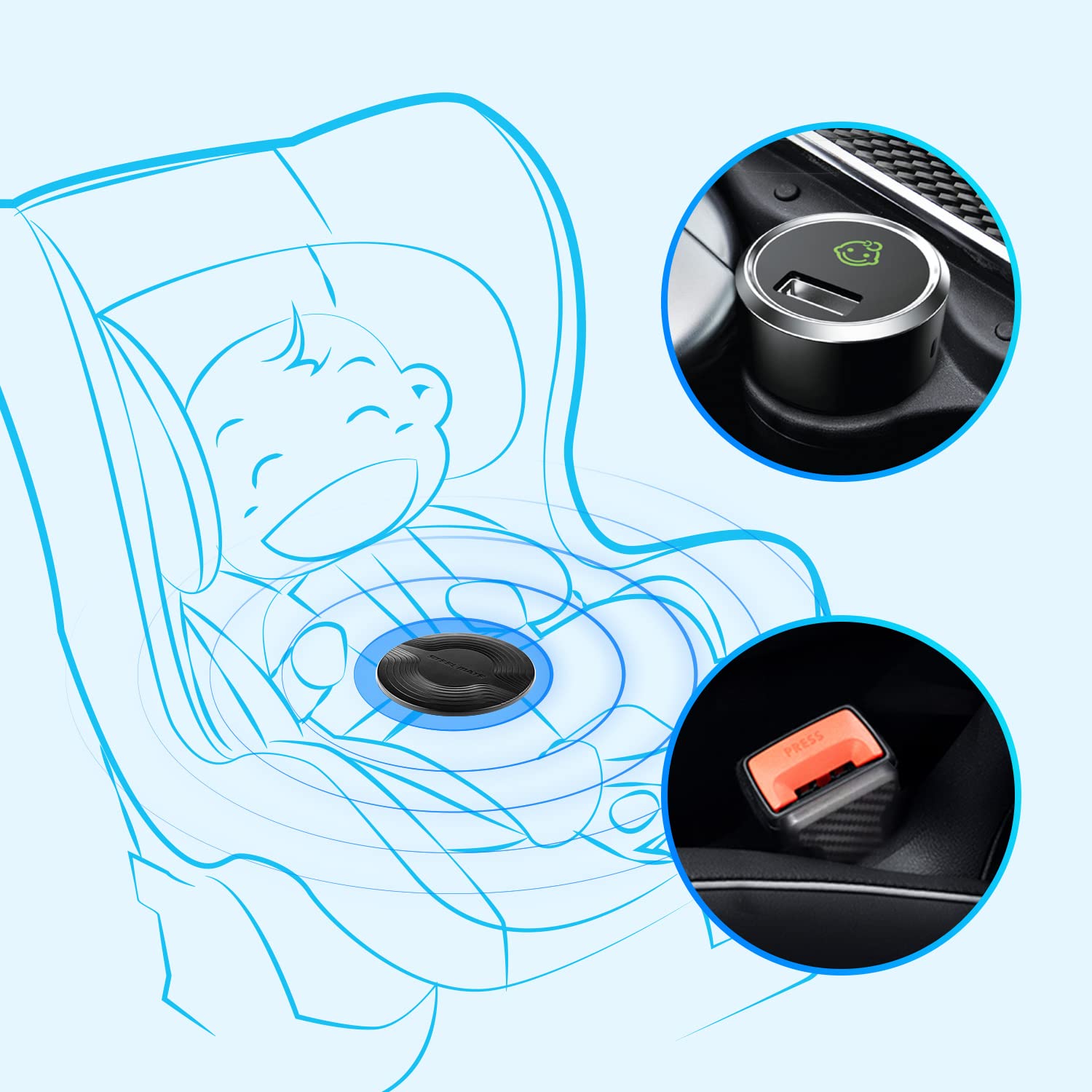 STEELMATE 1U Automotive Baby Car Seat Alarm System Reminder w/Extra Sensor Pad for Parents of 2 Babies