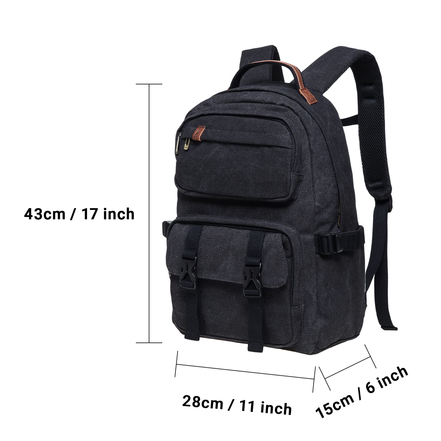KAUKKO Vintage Casual polyster and Leather Rucksack Backpack(20-2-BLACK)