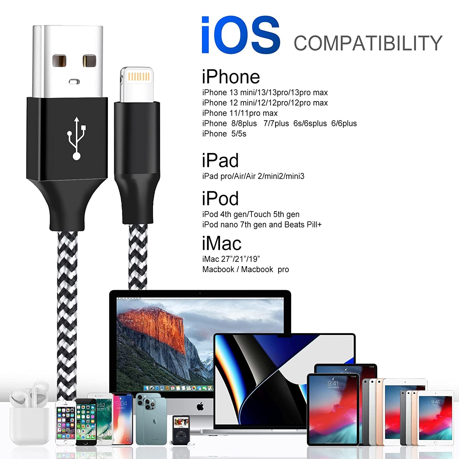 SpeedScope iPhone Charger Cable Cord,Lightning Charging Cable [MFi Certified] 5Pack 6FT Quick Charger Charging Cable Cord for iPhone 14/13/12/12 MiNi/11 Pro/XR/XS/X/8/7/6/5/SE/iPad Air/AirPods