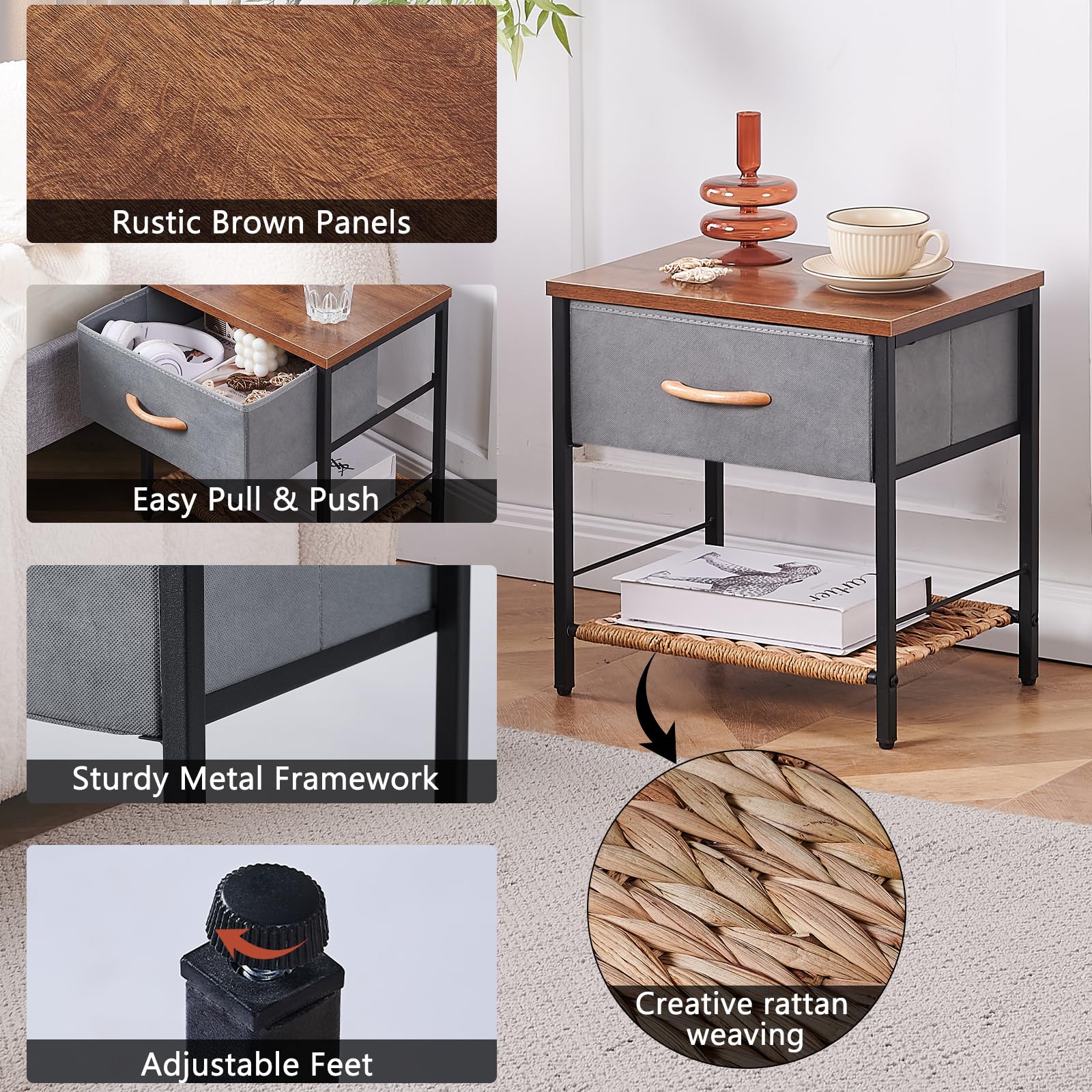 Wimarsbon Nightstand with Drawer, Night Stand Bedside Table with Storage Drawers, with Three Fabric Drawer Bedside Dresser, Modern Bedside Table Fabric Dresser for Bedroom (Light Gray-2)