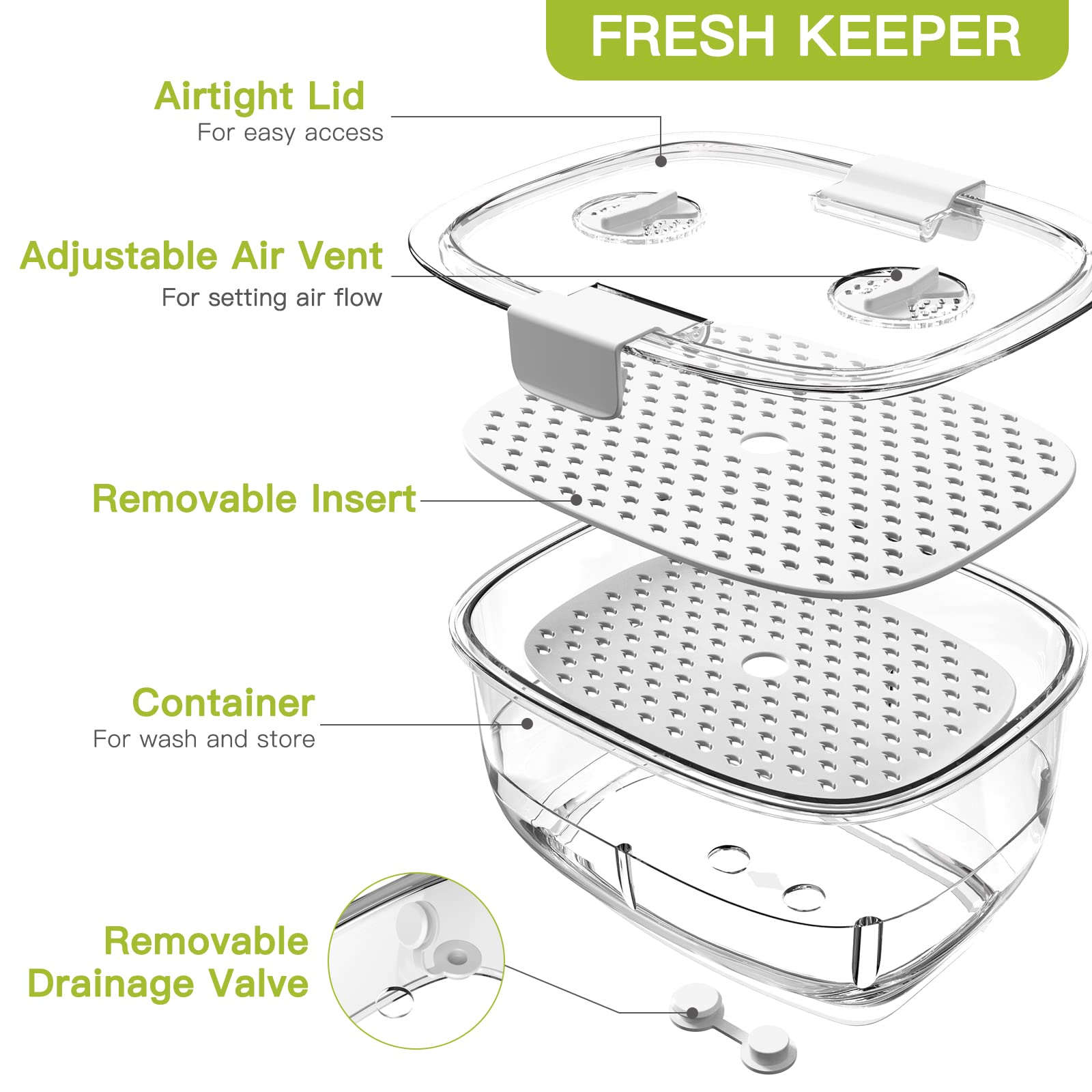LUXEAR Fresh Produce Vegetable Fruit Storage Containers 3Piece Set, BPA-free, Partitioned Salad Container, Fridge Organizers, Used in Storing Fruits Vegetables, White