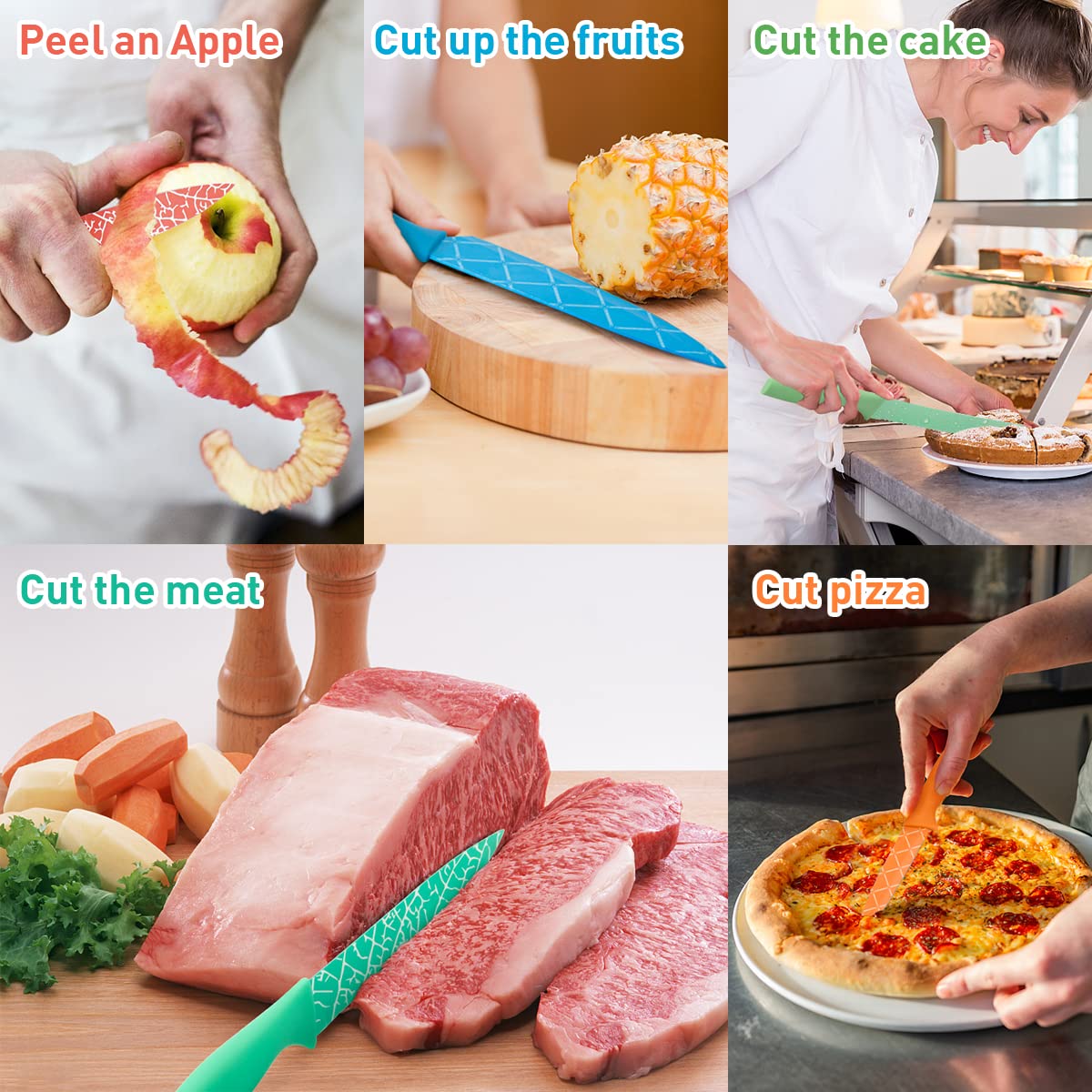 Mosheng Knife Set,5 Piece Colorful Knife Sets with Unique Non Stick Coating Surface,Stainless Steel Knives Set with Covers,Kitchen Knife Box Set,Chef Knife,Santoku Knife,Utility and Paring Knife