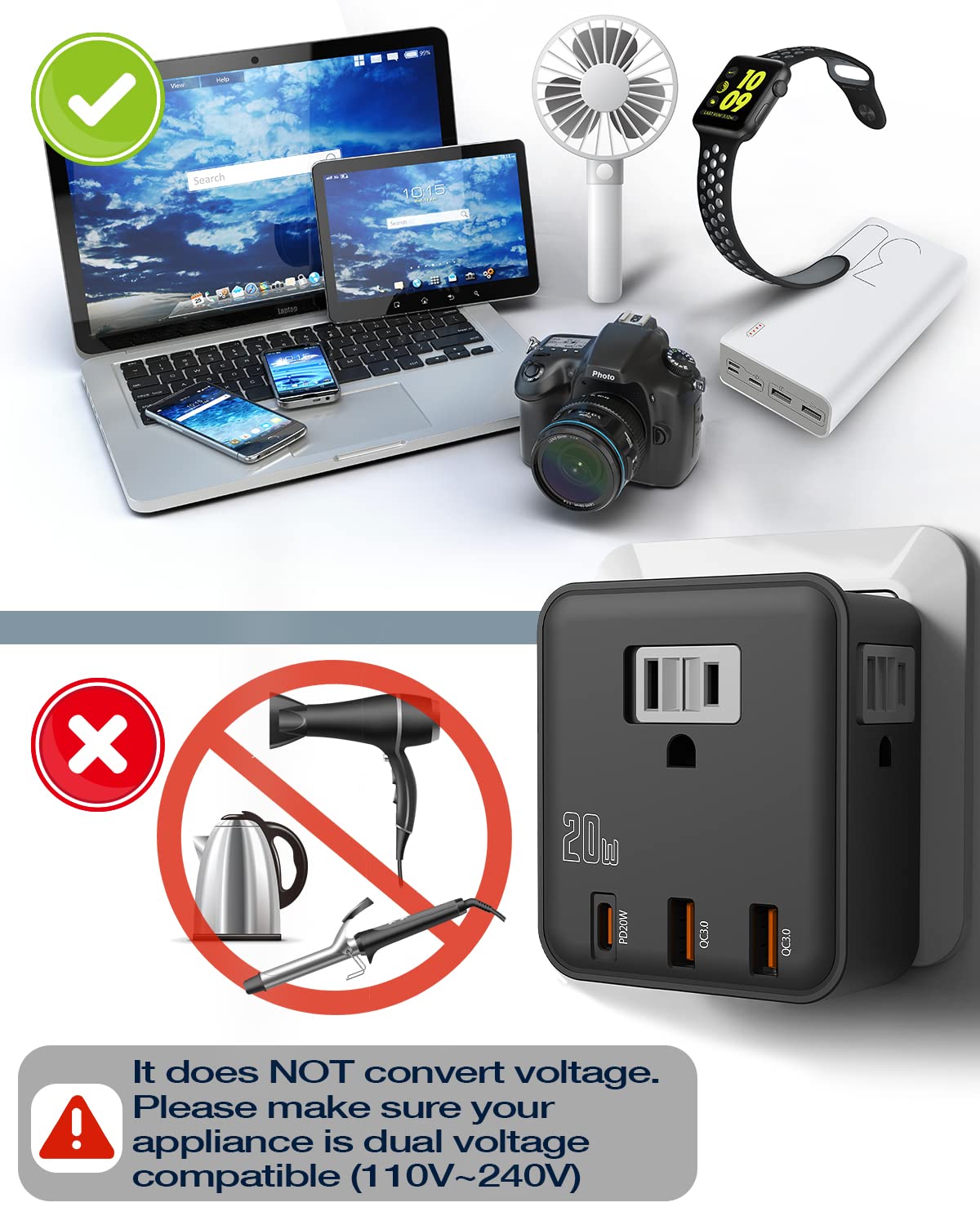Step Down 220V to 110V Adapter and Voltage Converter Combo + European Travel Plug Adapter with Fast Charger