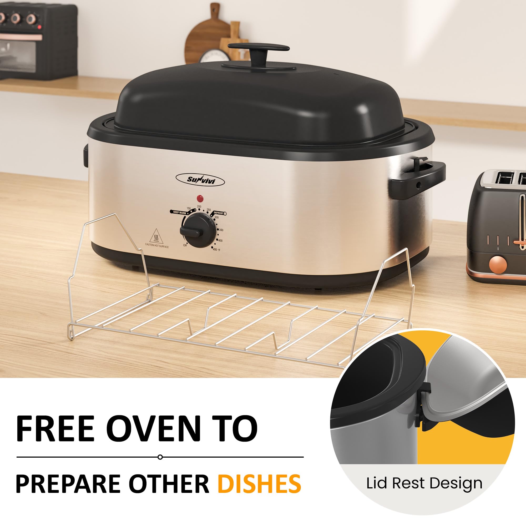 Sunvivi Electric Roaster Oven, 24 QT Roaster with Removable 3-bin Buffet Server, Turkey Roaster Oven with 150-450°F Full-Range Temperature Control, Removable Pan & Rack, Stainless Steel, Silver