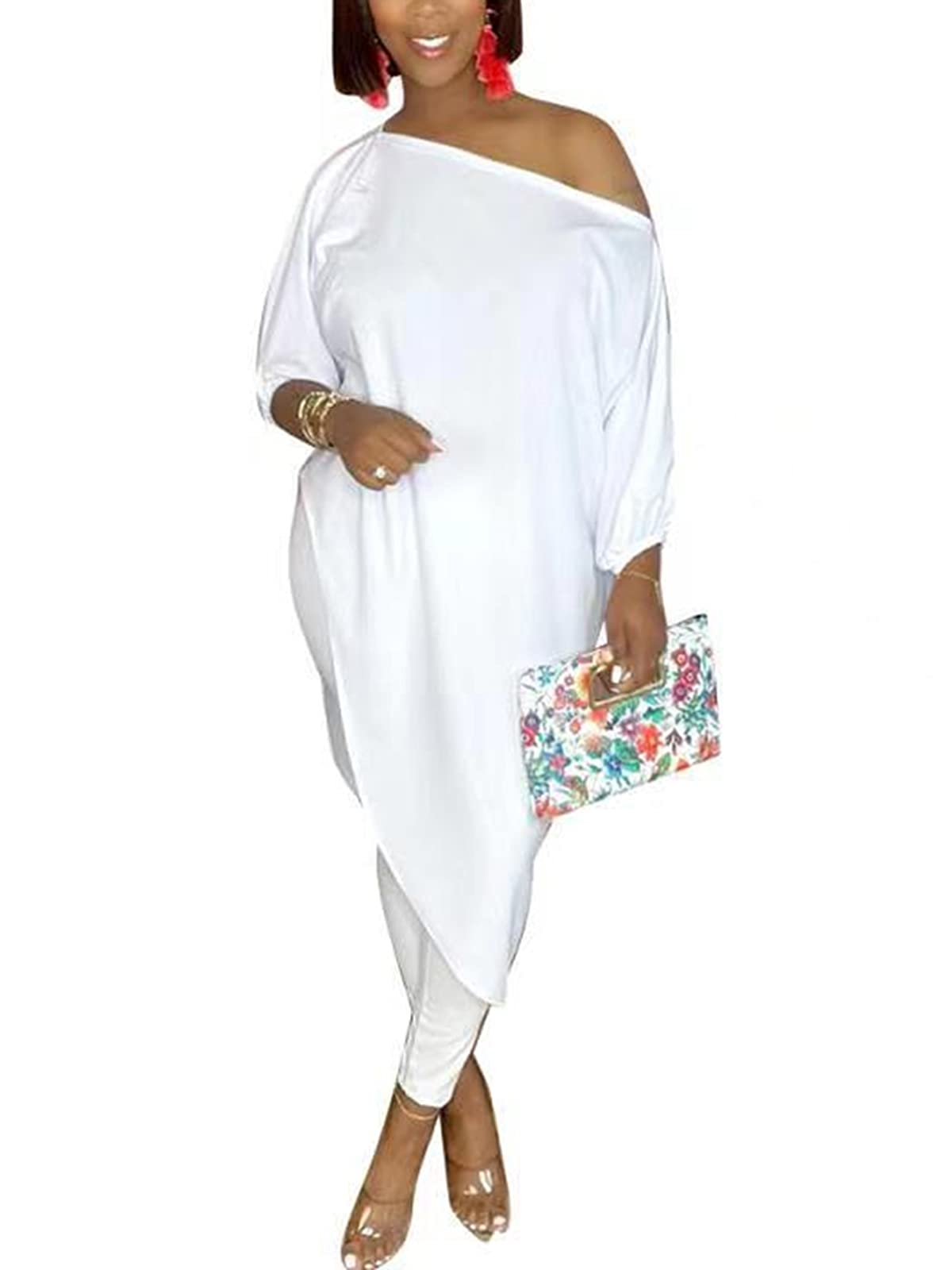 NSHYPOI Lady's Autumn One Off Shoulder 3/4 Sleeve Two Piece Set Loose Fit Tunic Tops Tight Long Pants Set Clubwear White L