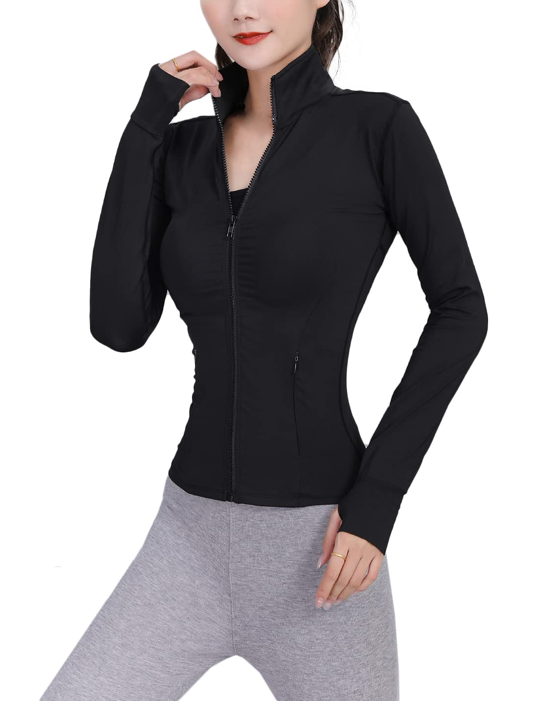 Lviefent Womens Lightweight Full Zip Running Track Jacket Workout Slim Fit Yoga Sportwear with Thumb Holes (Z-Black, Medium)