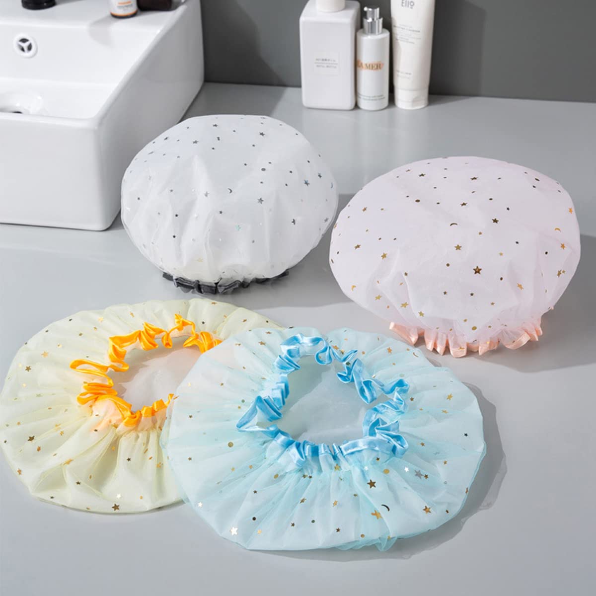 Shower Cap, Double Layer Waterproof Lace Hair Cap Reusable Plastic Elastic Bathing For Spa, Home, Hotel and Hair Salon (Pink)