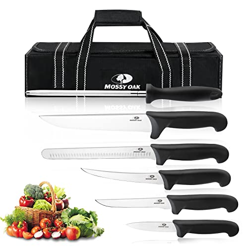 Mossy Oak Outdoor Knife Set - 6 PCS Chef Knife Set with Roll Bag - Premium Stainless Steel BBQ Knife Sets with Ergonomic Handle - 6’’ Fillet Knife for Fishing - Birthday Gifts for Women Men Lovers