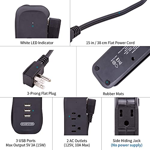 NTONPOWER Travel Power Strip with USB Bundle, 3 Outlet Flat Plug Power Strip and 2 Outlet Small Power Strip Extension Cord, Compact Charging Station for Cruise Ship, Nightstand, Home and Office, Black