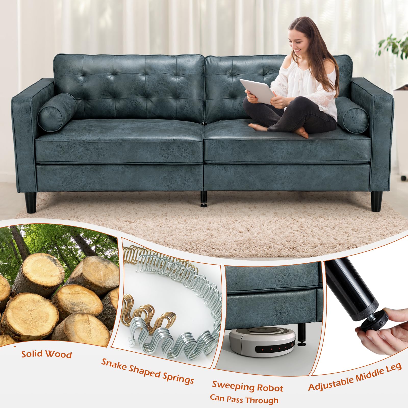 YODOLLA 84.2" Faux Leather Sofa Couch, Mid-Century Modern Sofa with 2 Bolster Pillows, 3 Seats Sofa Vintage Couch for Living Room, Studio and More, Blue