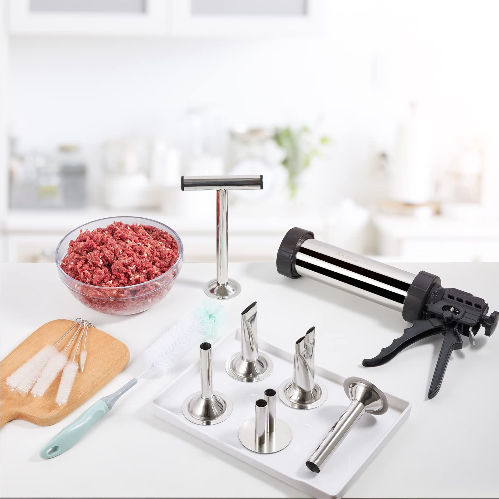 MTOGALT Upgrade Stainless Steel 2 LB Large Capacity Jerky Gun Kit Beef Deer Jerky Sausage Stuffer Meat Gun Jerky Marker Shooter Jerky Kits Sausage Gun Machine with Nozzles Brushes & Meat Pusher