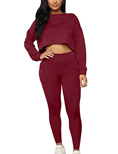 Kaximil Women's Workout 2 Piece Outfits Long Sleeve Crop Top Legging Pants Jogger Set Tracksuit, Large, Wine Red