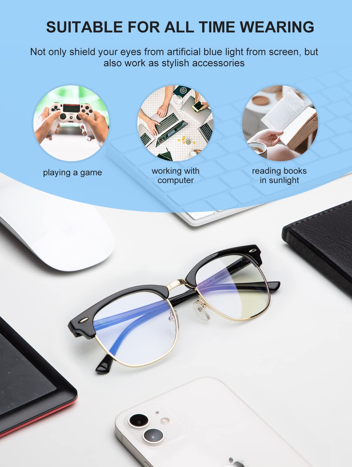NSSIW Blue Light Glasses for Women and Men, Advanced Computer Glasses, Gaming Glasses, Semi Rimless with Blue Light Blocking, 11 Glossy Black/Golden Rim + Glossy Black/Black Rim, M