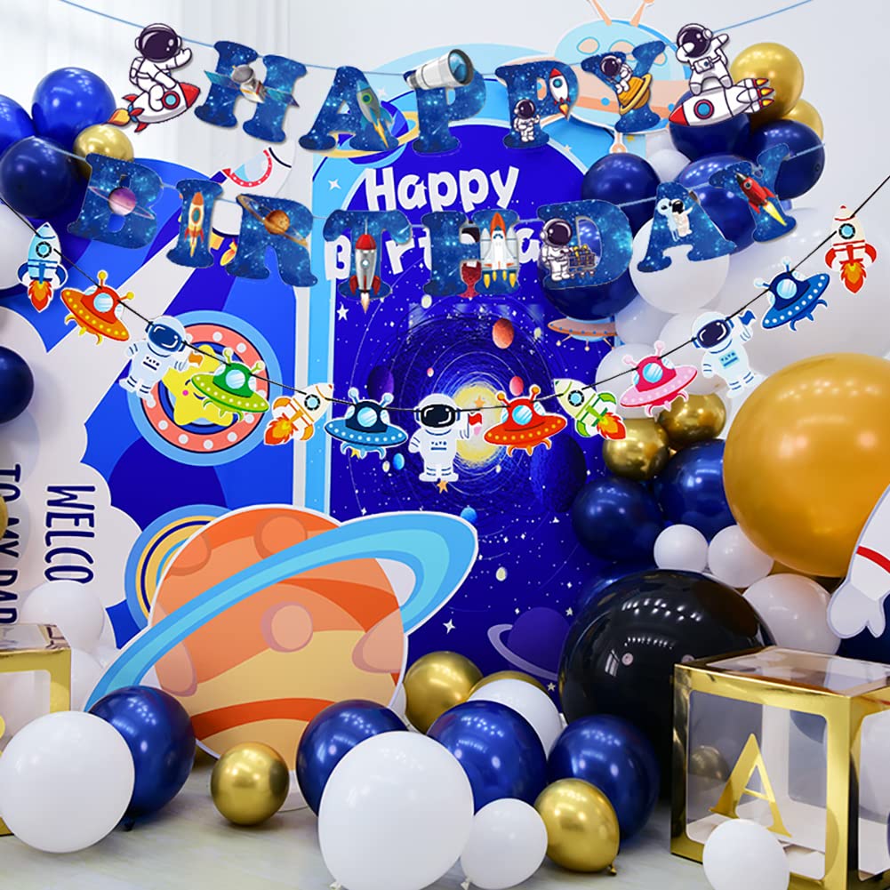 Outer Space Birthday Party Decorations Outer Space Happy Birthday Banner with Outer Spaceship Bunting Garland for Kids Boy Galaxy Planet Universe Outer Space Theme Party Decorations Supplies