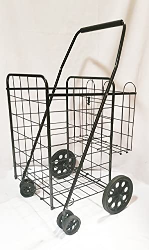 PrimeTrendz Jumbo Shopping/Laundry Folding Cart | Double Basket | Front Moving Swivel Wheels | Thicker Soft Sponge Handle | Color: Black
