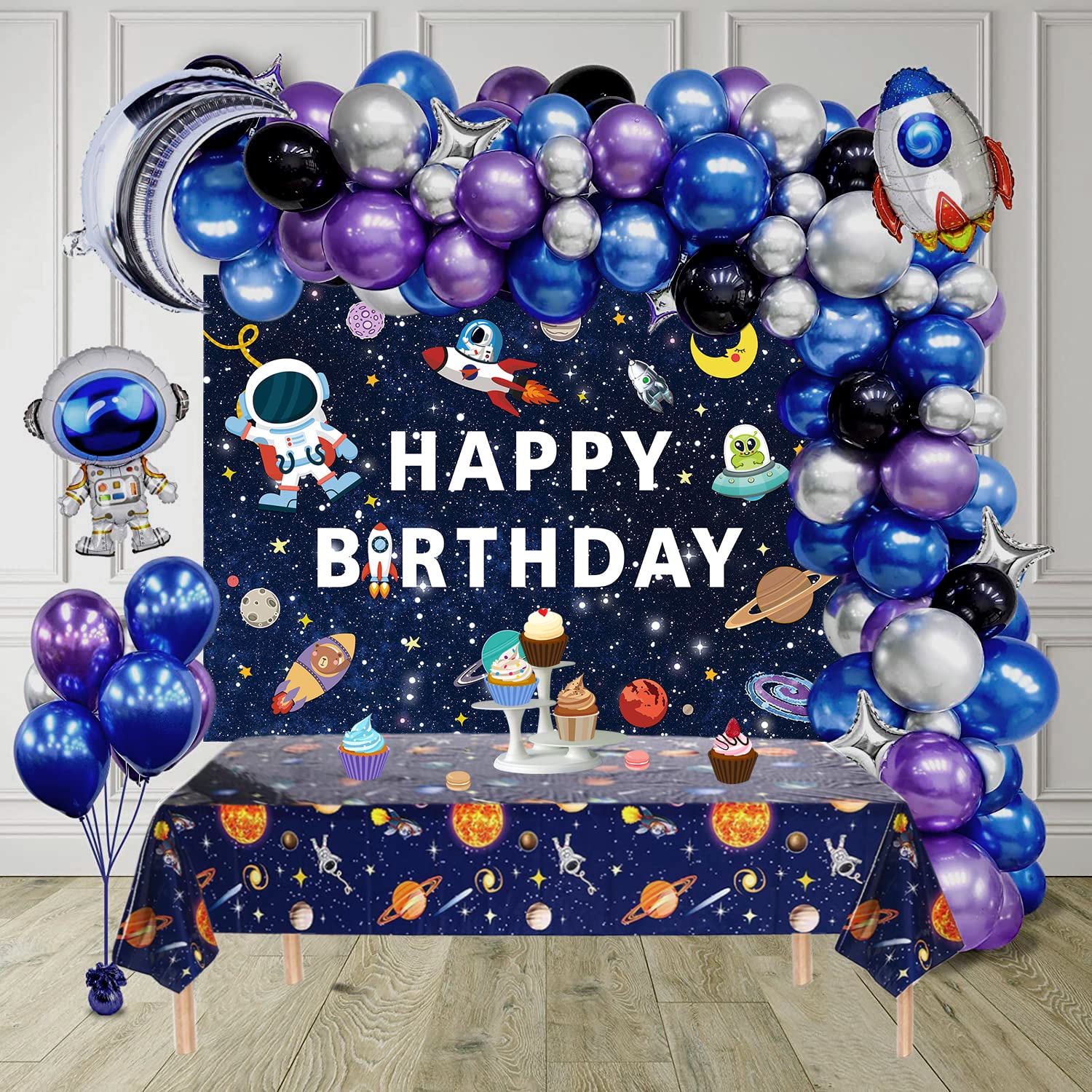 Outer Space Birthday Party Galaxy Solar System Backdrop Tablecloth Kit Rocket Astronaut Sun Planet Theme Tablecloth Boy Kids Party Decoration Supplies 5x3FT