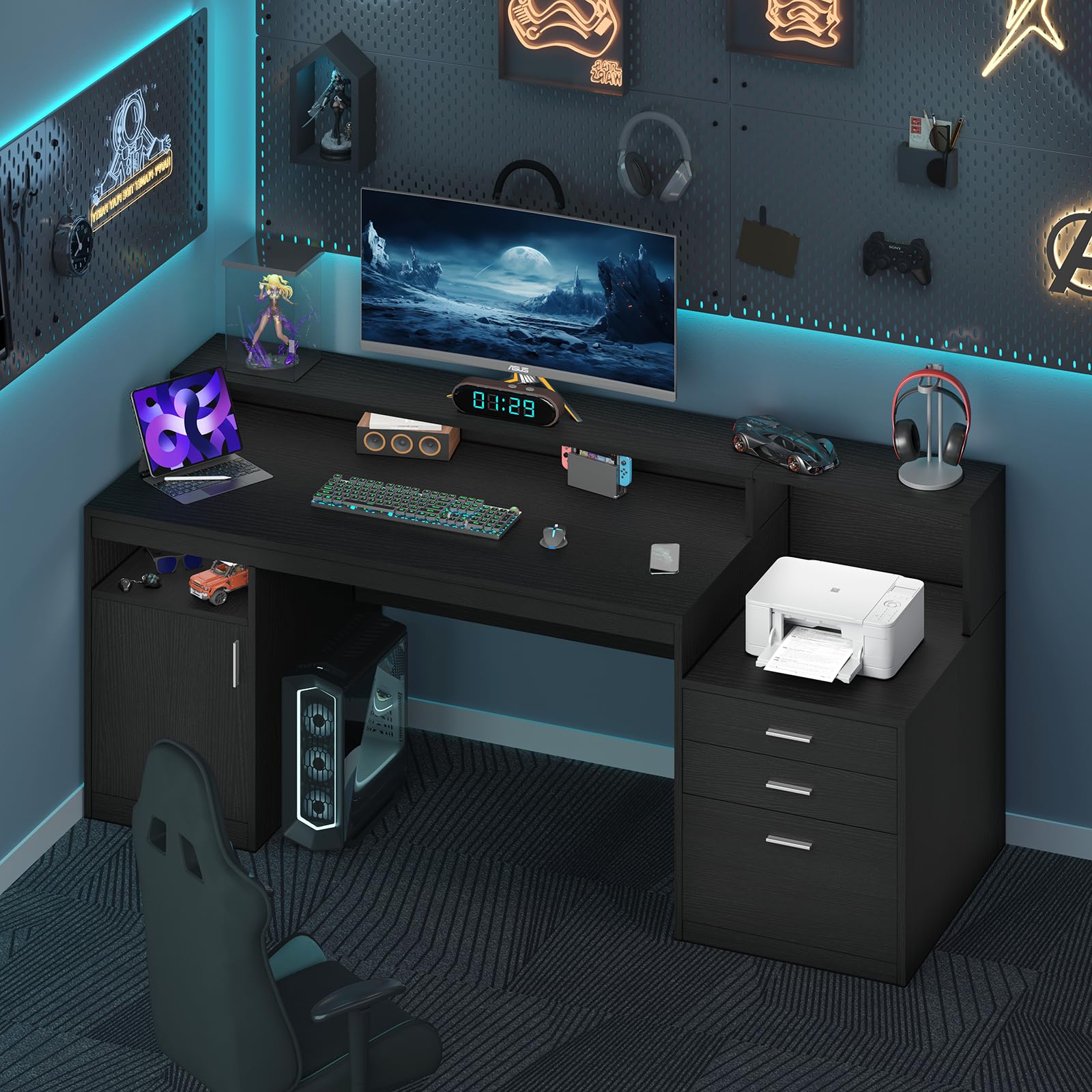 TVU 65" Computer Desk with 3 Drawers & Printer Stand, Office Desk with Monitor Stand & Storage Cabinet, Gaming Desk with Storage Shelf & Large Desktop, White Writing Desk for Home Office