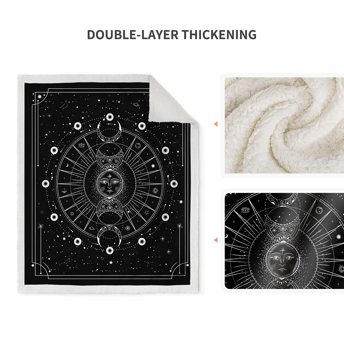 Jekeno Sun Moon Sherpa Blanket Stars Space Psychedelic Black and White Print Throw Blanket for Couch Bed Sofa Travelling Camping for Kids Adults 50"x60"