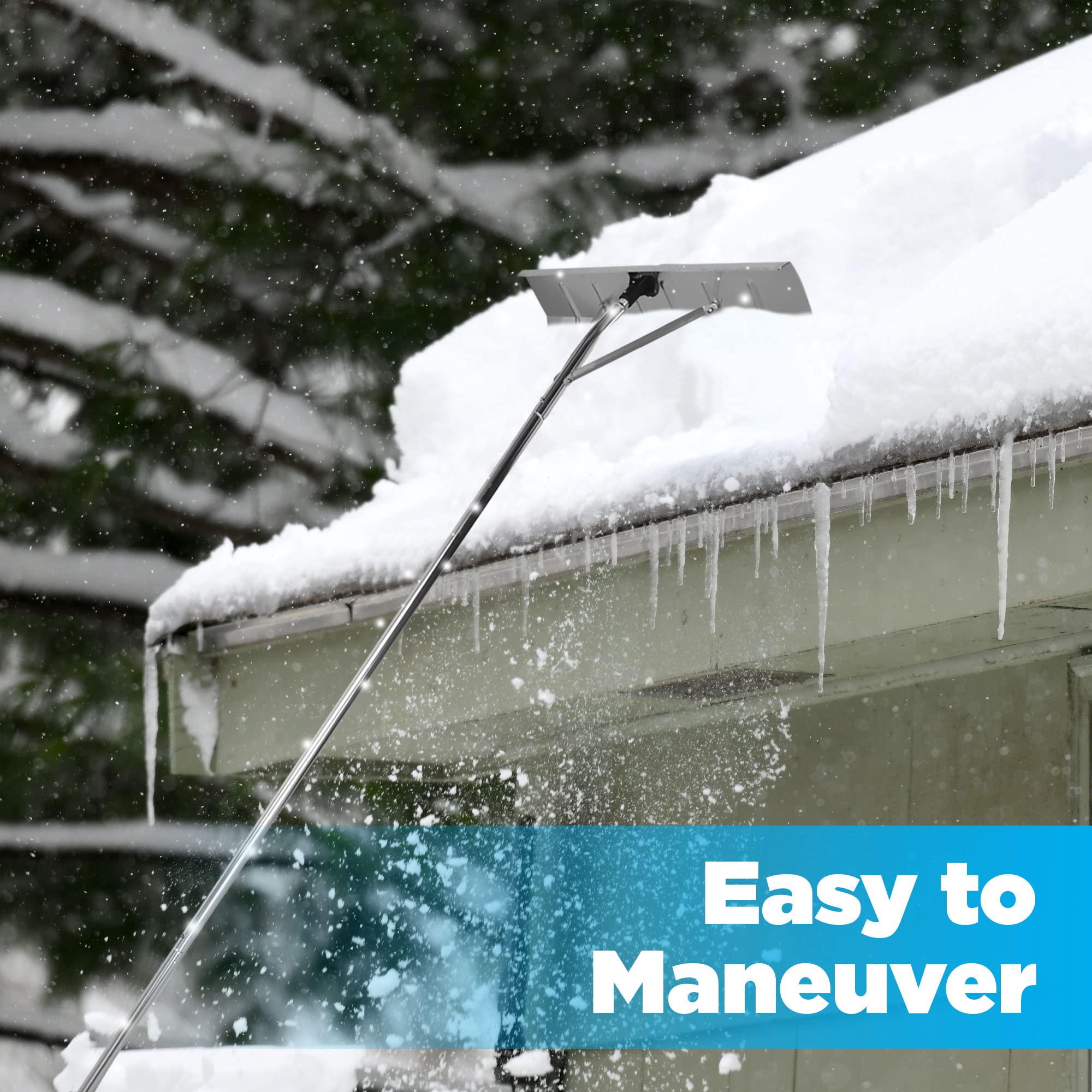 Quickway Imports Snow Rake Shovel | Aluminum Snow & Leaf Removal Tool & Pusher Scraper for House Roof & Car with 24β Rolling Blade, Lightweight 5-21β Telescoping Extendable Handle & Nonslip Grip,Gray