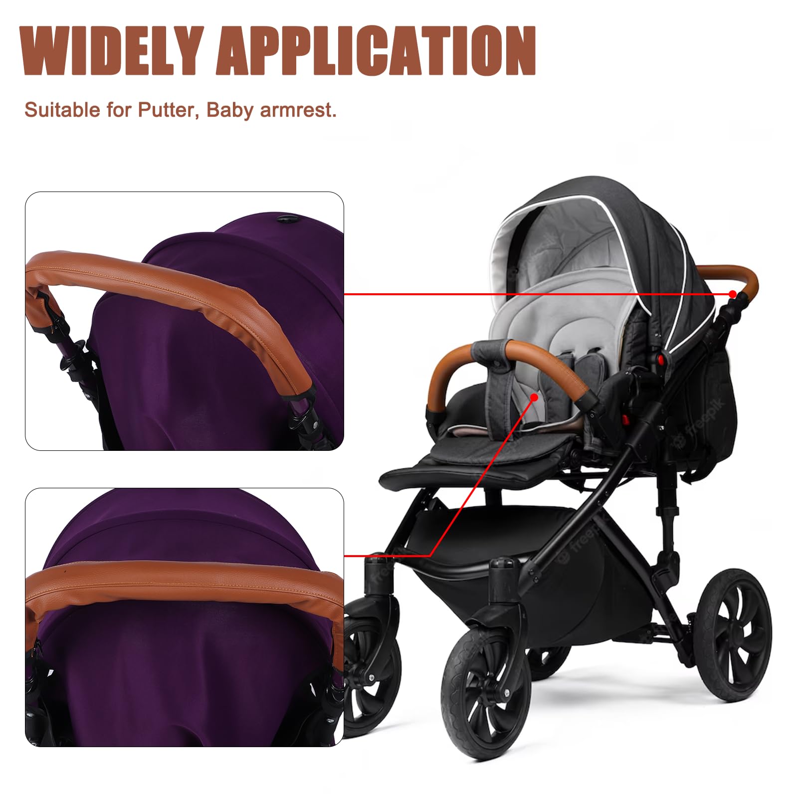 Stroller PU Leather Handle Sleeve Cover with Zipper Removable Baby Stroller Armrest Cover Stroller Accessories(Brown)
