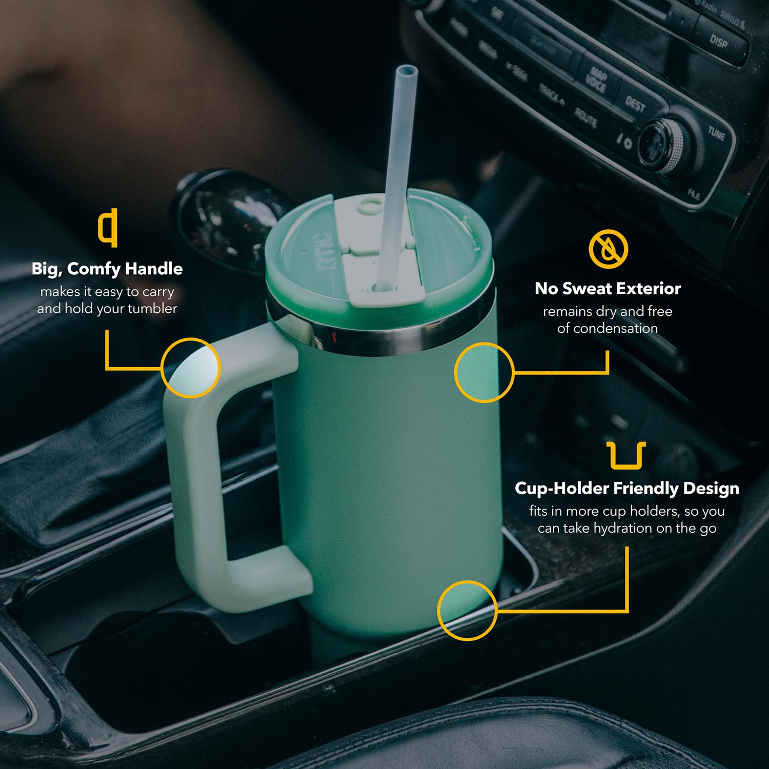 RTIC 40 oz Road Trip Tumbler Double-Walled Insulated Stainless Steel Portable Travel Coffee Mug Cup with Lid, Handle and Straw, Navy
