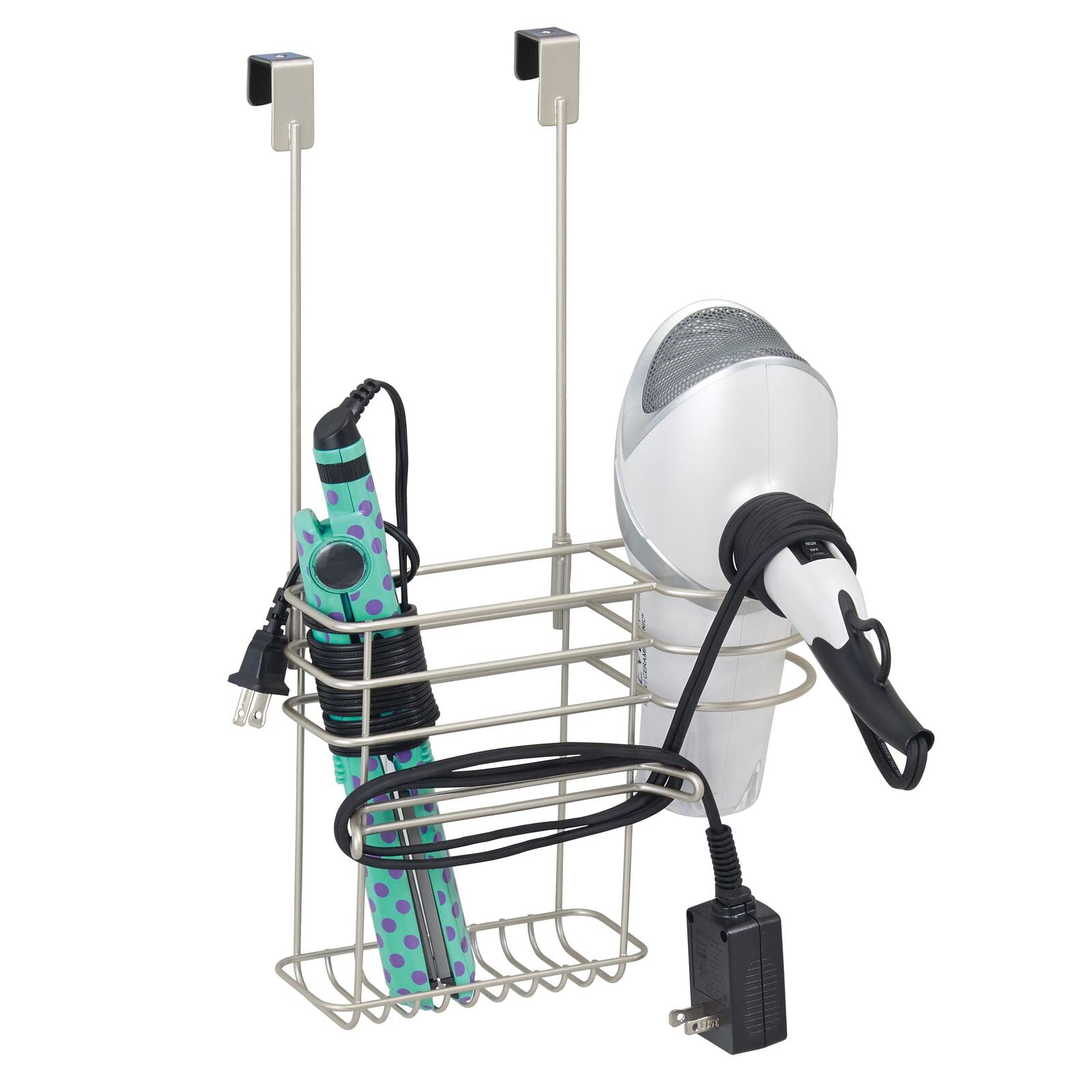 mDesign Metal Bathroom 2 Section Storage Tool Organizer Basket Tray - Hang Over Cabinet Door - Storage for Hair Dryer, Straightener, Curling Iron, Styling Products - Concerto Collection - Satin