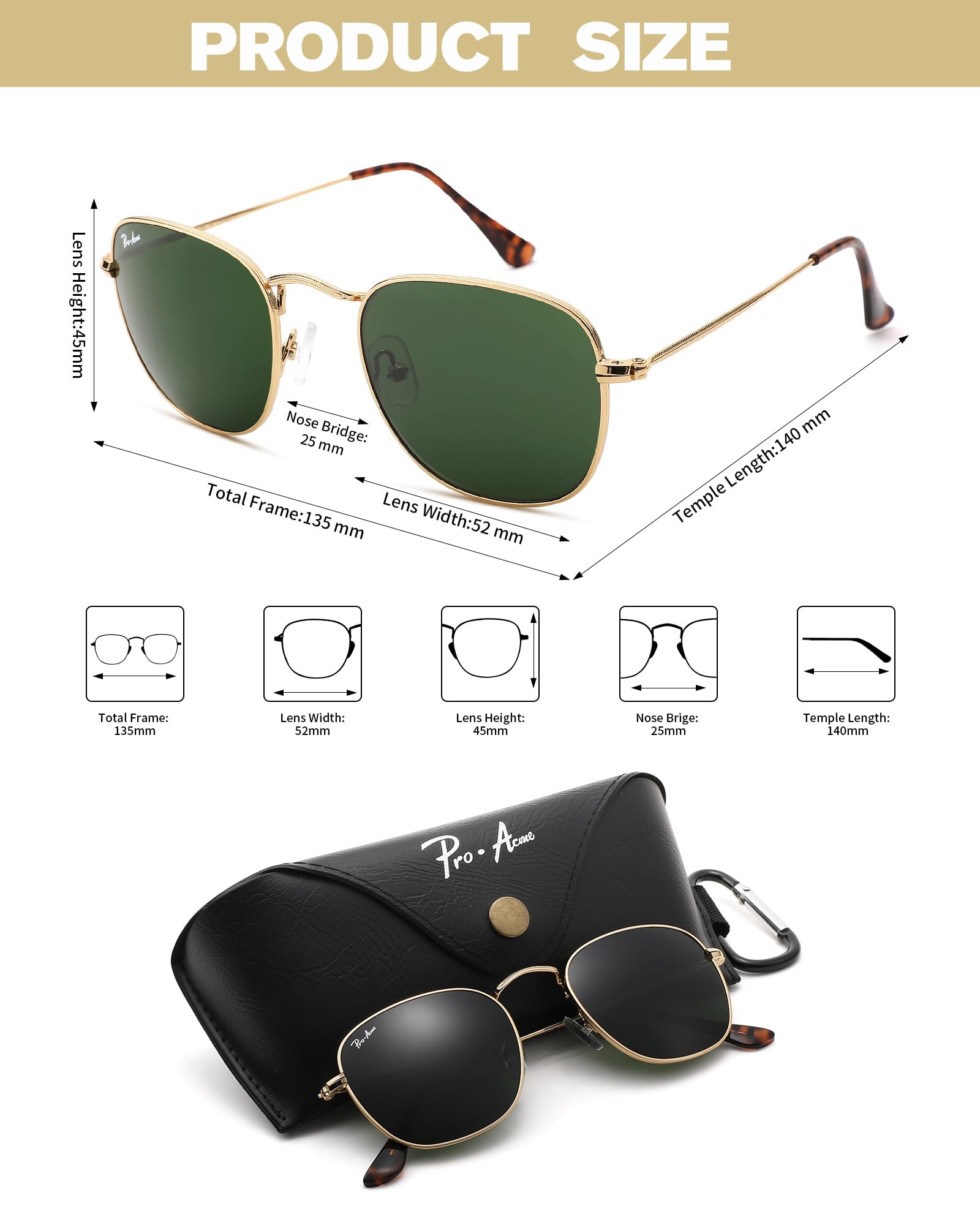 Pro Acme Classic Square Sunglasses,Vintage Metal Frame Trendy Shade Sun Glasses 100% Real Glass Lens(Gold/grey)