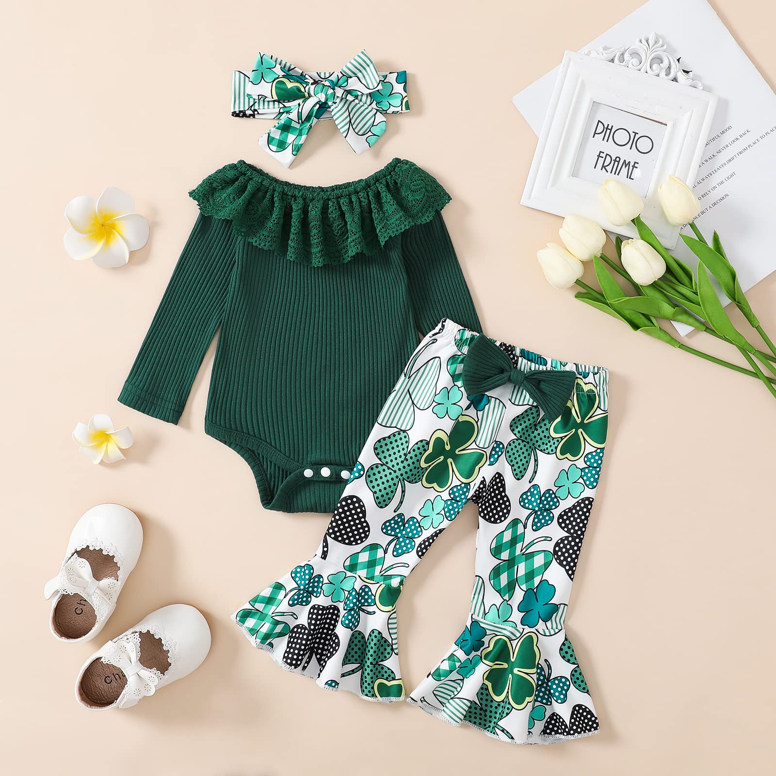St. Patrick 's Day Newborn Baby Girl Solid Ribbed Long Sleeve Romper+Four Leaf Clover Print Pants+Headband 3Pcs Clothes Set (Green, 0-3 Months)