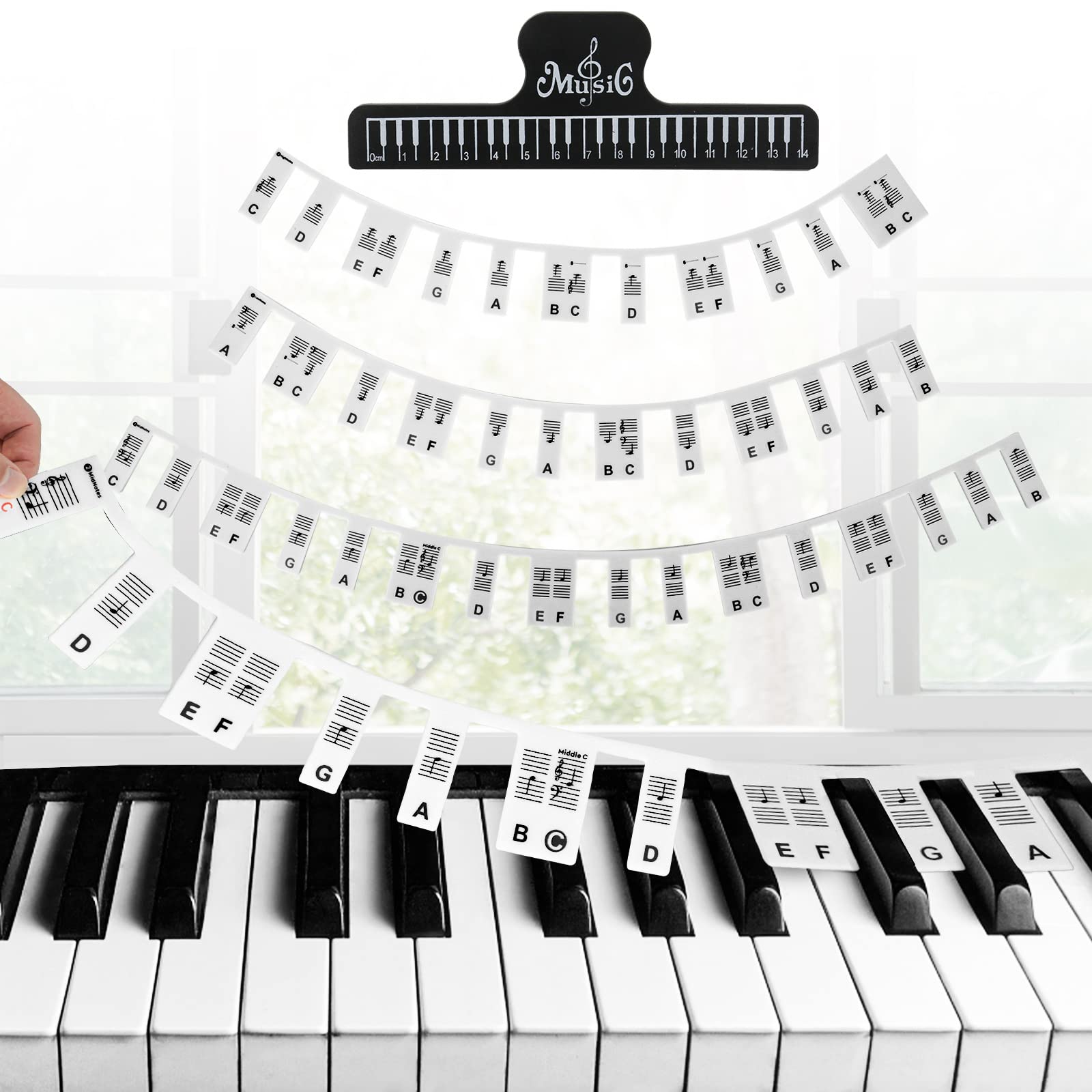 Piano Keyboard Stickers, 88-Key Full Size Removable Piano Keyboard Note Labels Silicone Piano Key Stickers Removable Piano Notes Stickers for Beginners Learning (Black)