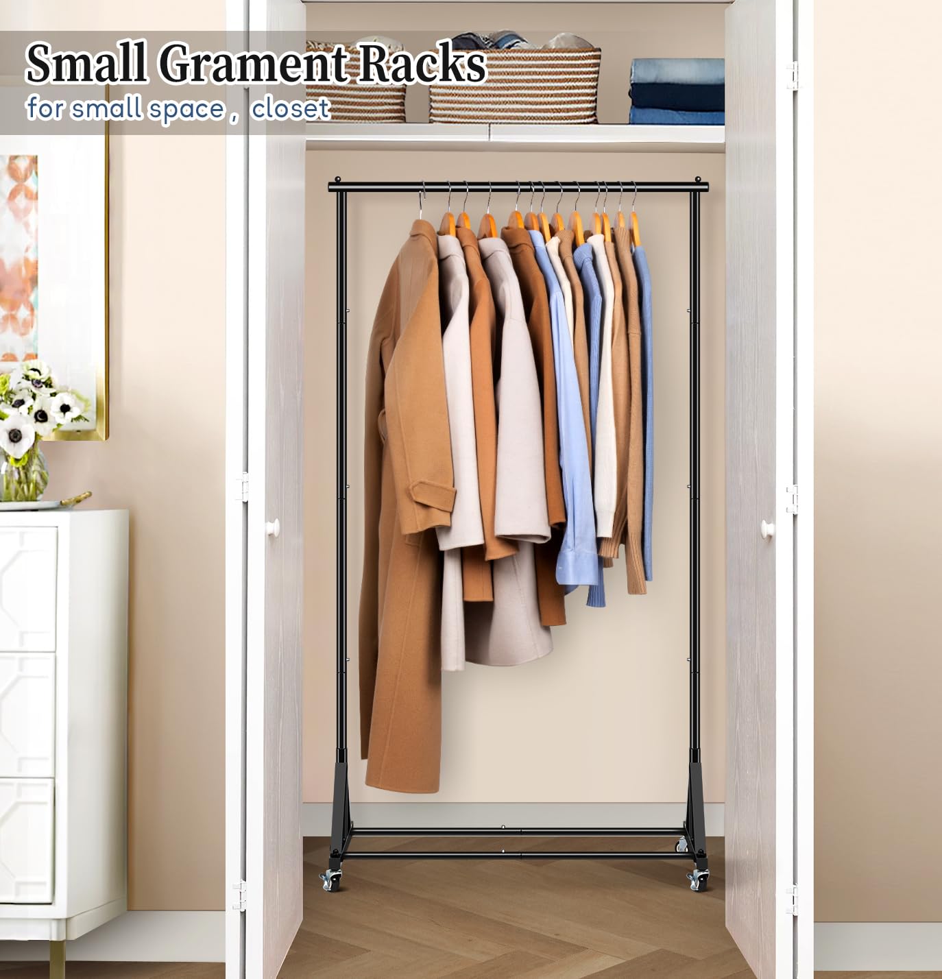 SLEEPING LAMB Heavy Duty Clothes Rack, Rolling Clothing Racks for Hanging Clothes Metal Garment Rack With Wheels, Clothes Hanger Rack for Coats, Shirts, Sweaters Wardrobe Rack (Black)