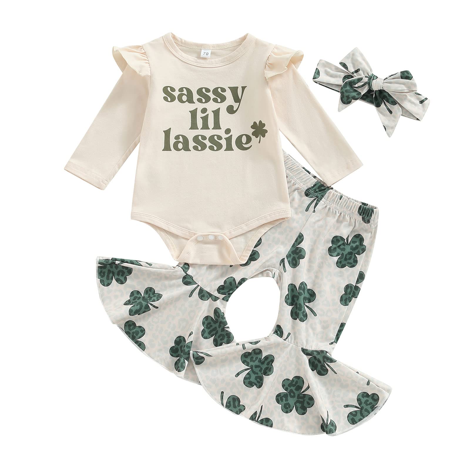 St. Patricks Day Baby Girl Outfit Ruffle Long Sleeve Romper Shamrock Flared Pants Headband 3Pcs Clothes Set (Apricot, 0-6 Months)