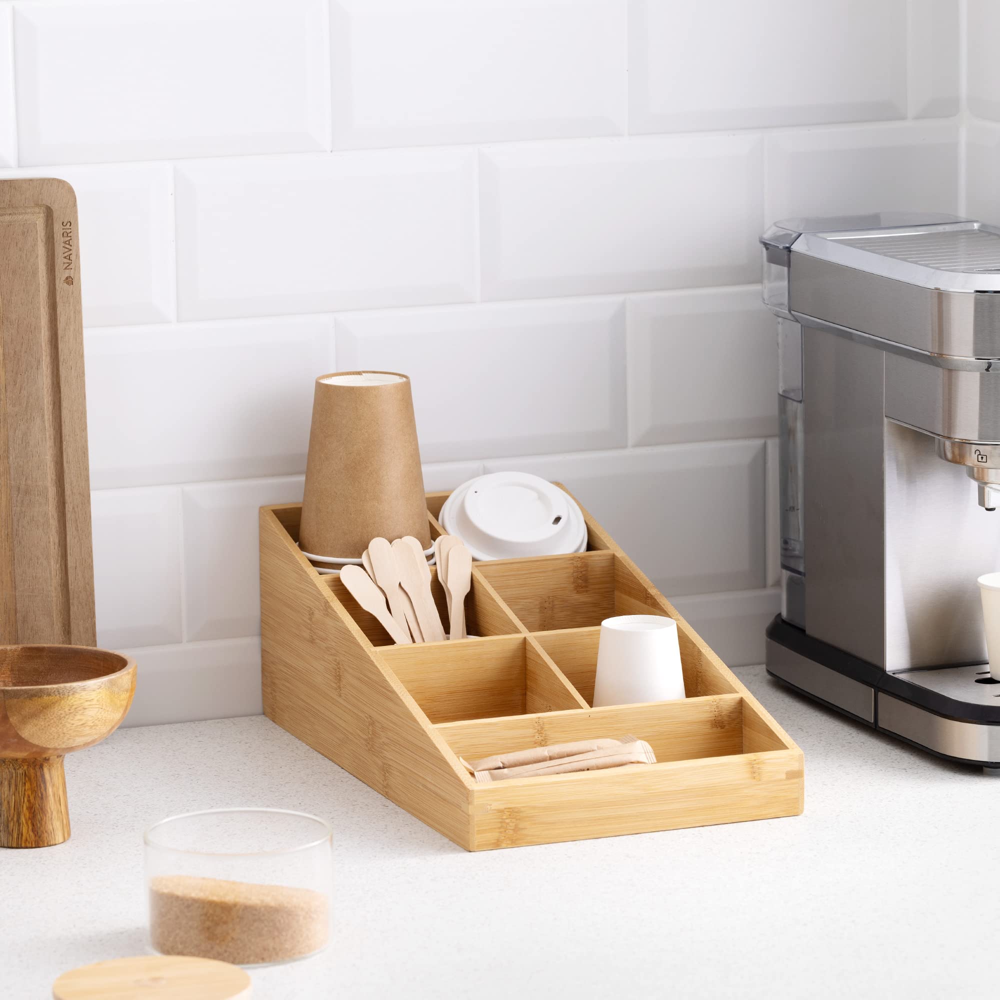 Navaris Coffee and Tea Station - Bamboo Organiser Station Caddy for Coffee and Tea Condiment Accessories Office Home Kitchen Bar - 7 Compartments